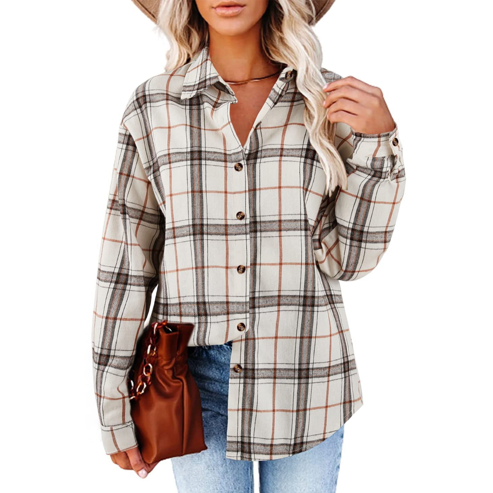 Sarapandan Women Plaid Top Button Down Long Sleeve Loose Autumn Winter ...