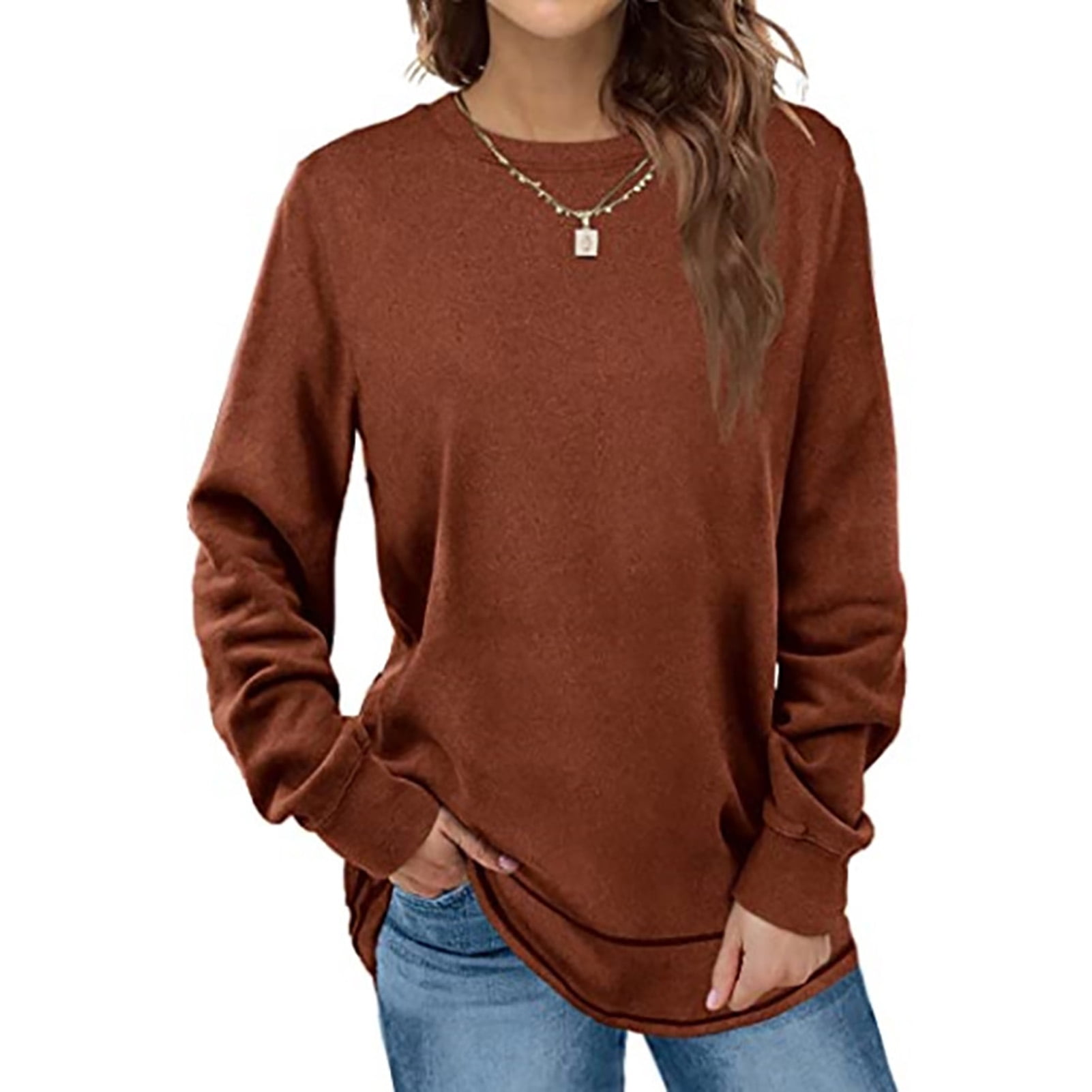 Sarapandan Women Round Neck Shirts Curved Hem Shirts Casual Pure Color ...