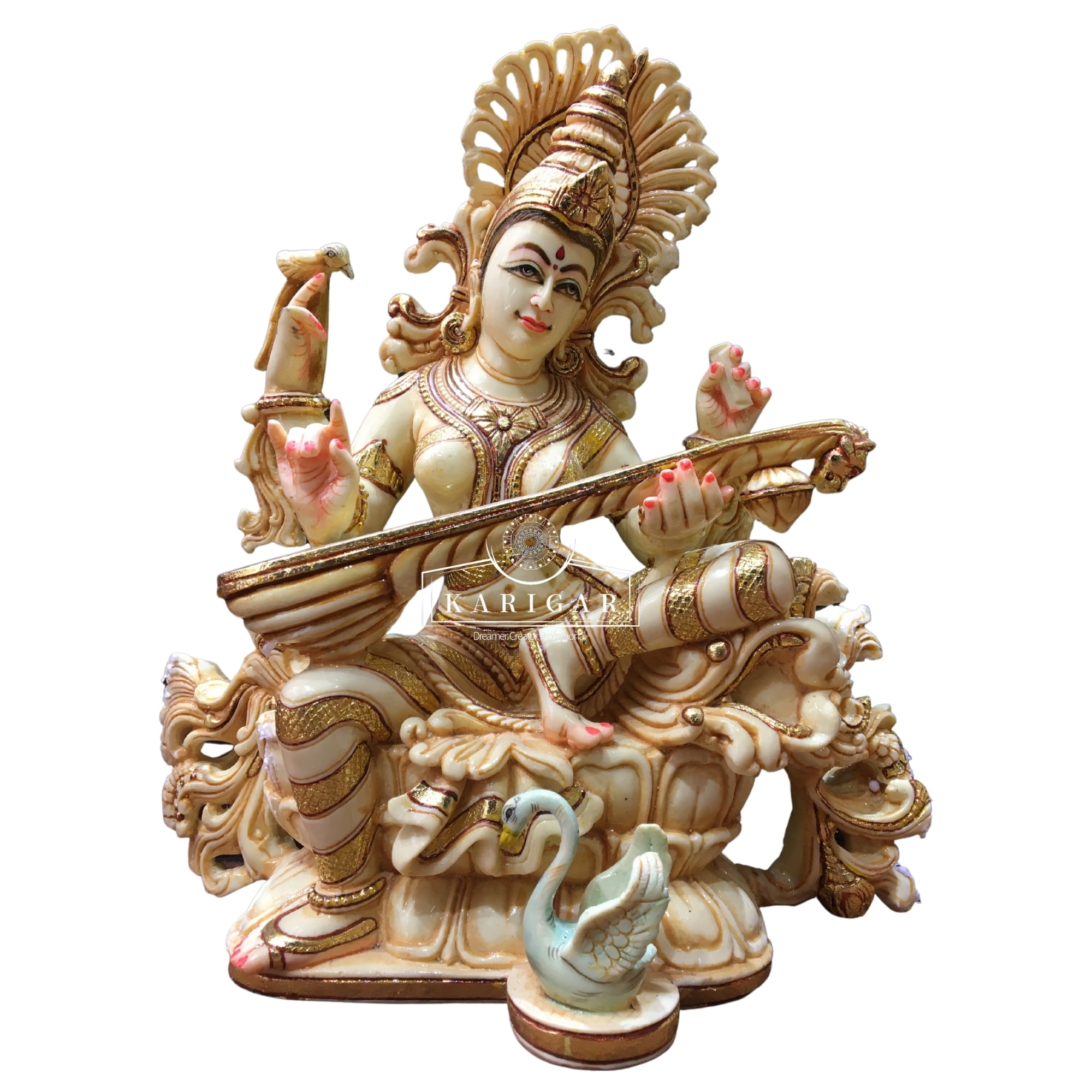 Saraswati Statue - Large 12 inches Gold Leaf Work Saraswati Figurine ...