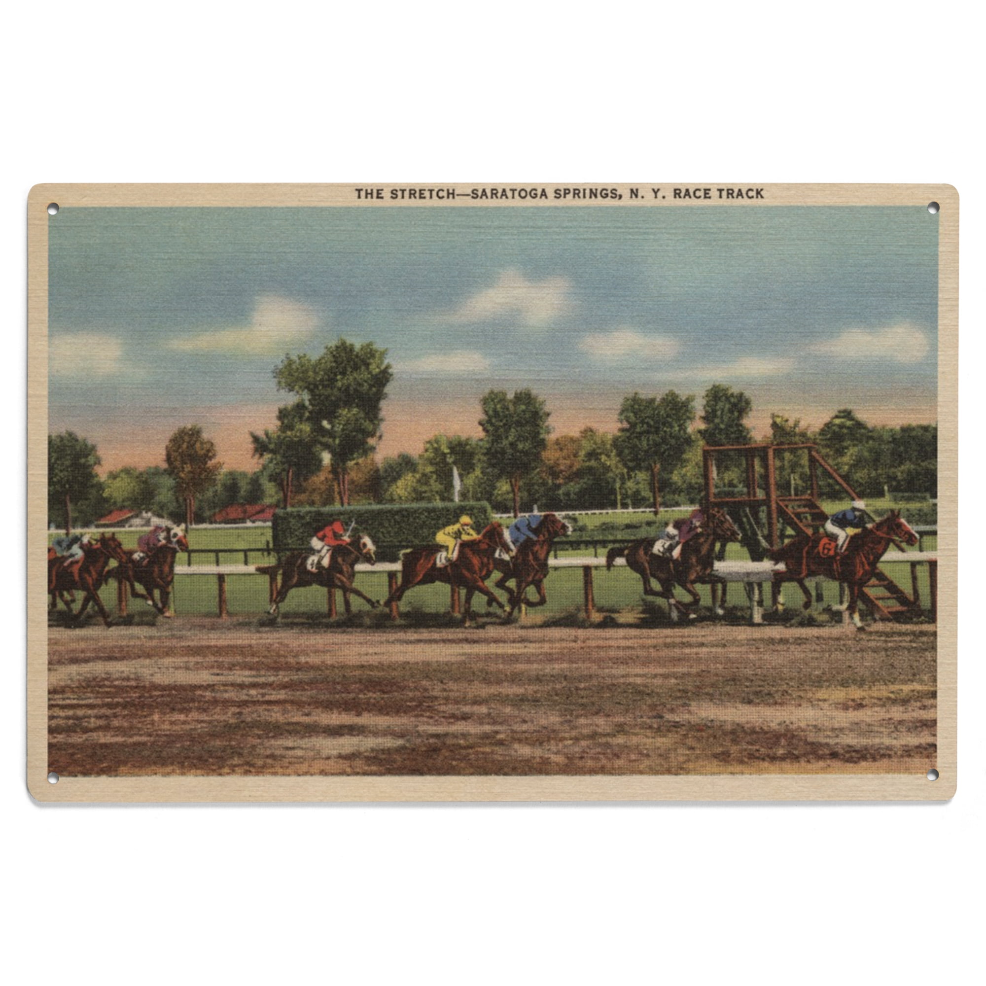 Saratoga Springs, NY, Horse Race Track Scene Birch Wood Wall Sign (6x9 ...