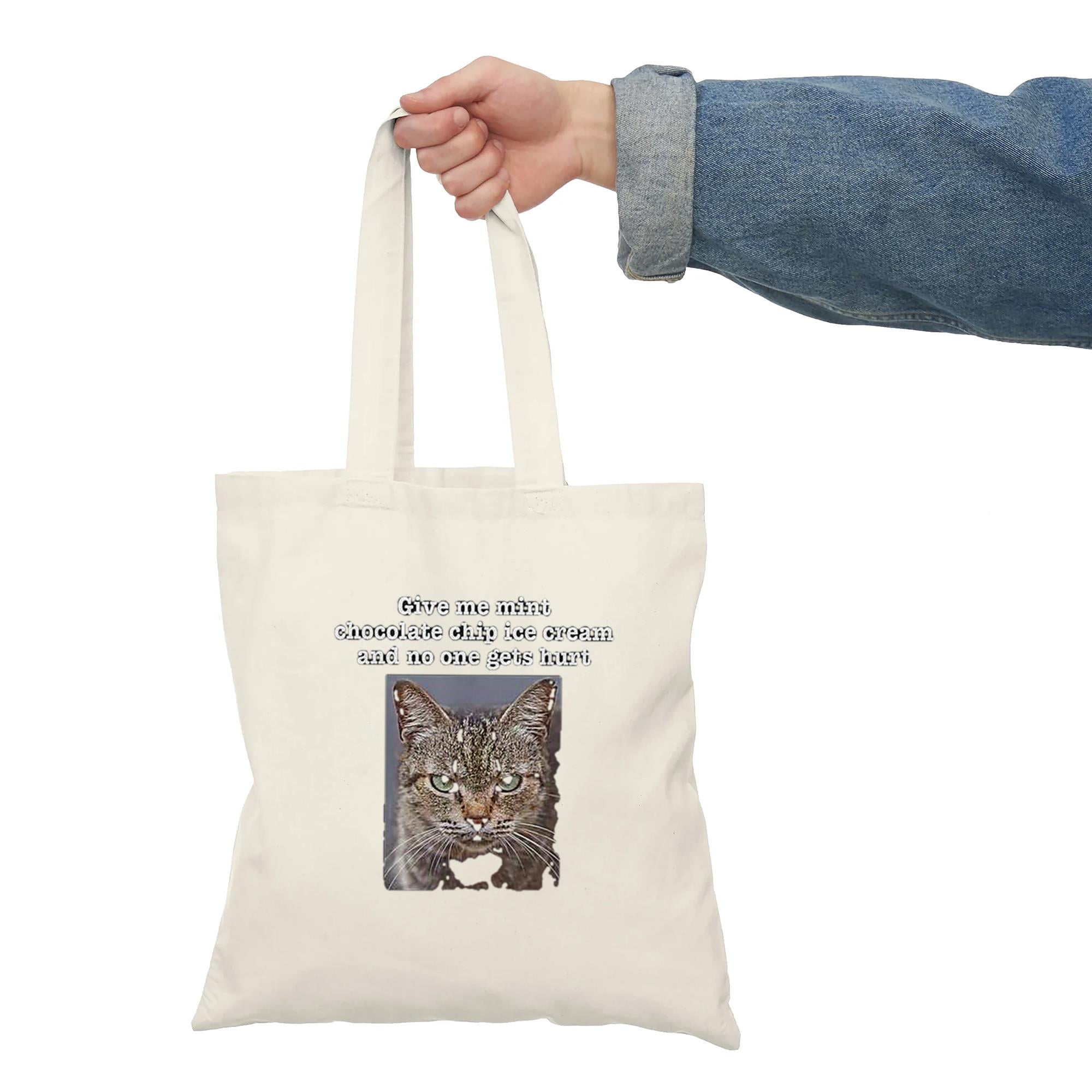 Sarcastic Gray Tabby Cat Mint Chocolate Chip Ice Cream Funny Feline Pet Tote Bag Unisex ...