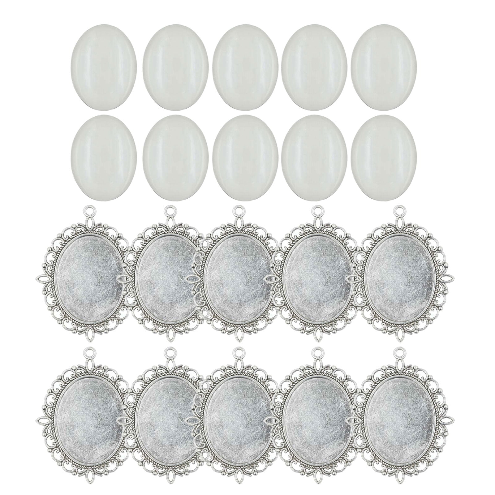 Sardfxul 10 Set Pendant Trays Glass Cabochons Kit Blank Oval Pendant ...