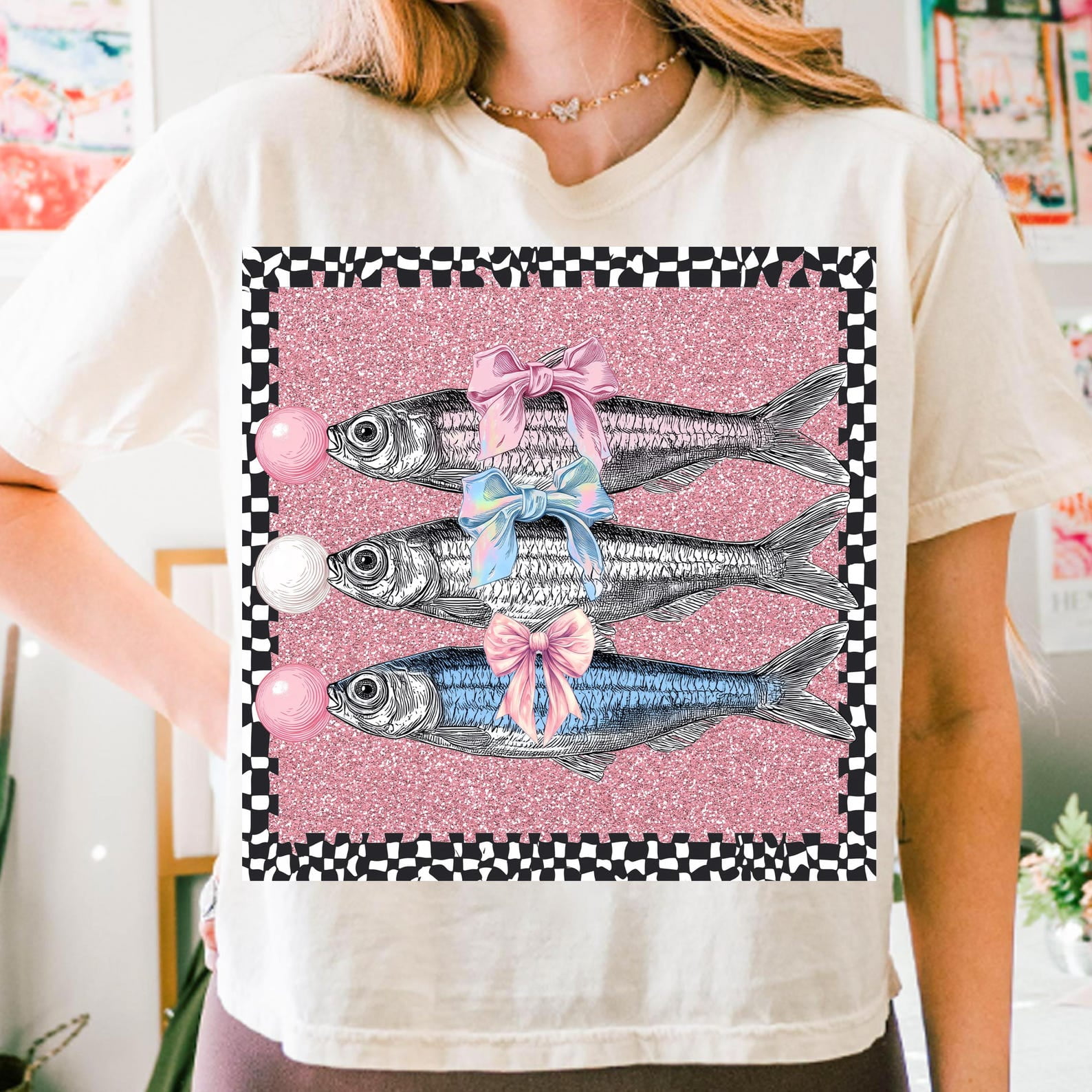 Sardines Blowing Bubble Shirt, Checkered Glitter Summer Shirt, Retro ...
