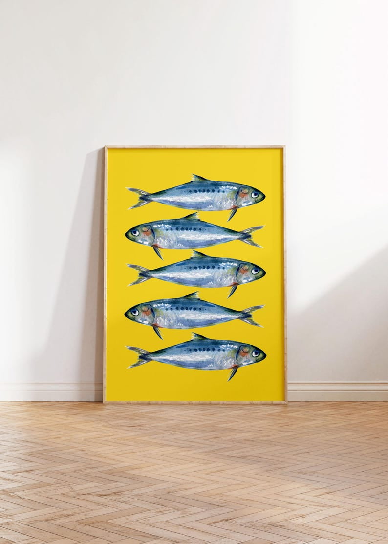 Sardines Fish Sea Life Ocean Seafood Bright Yellow Kitchen Wall Art ...