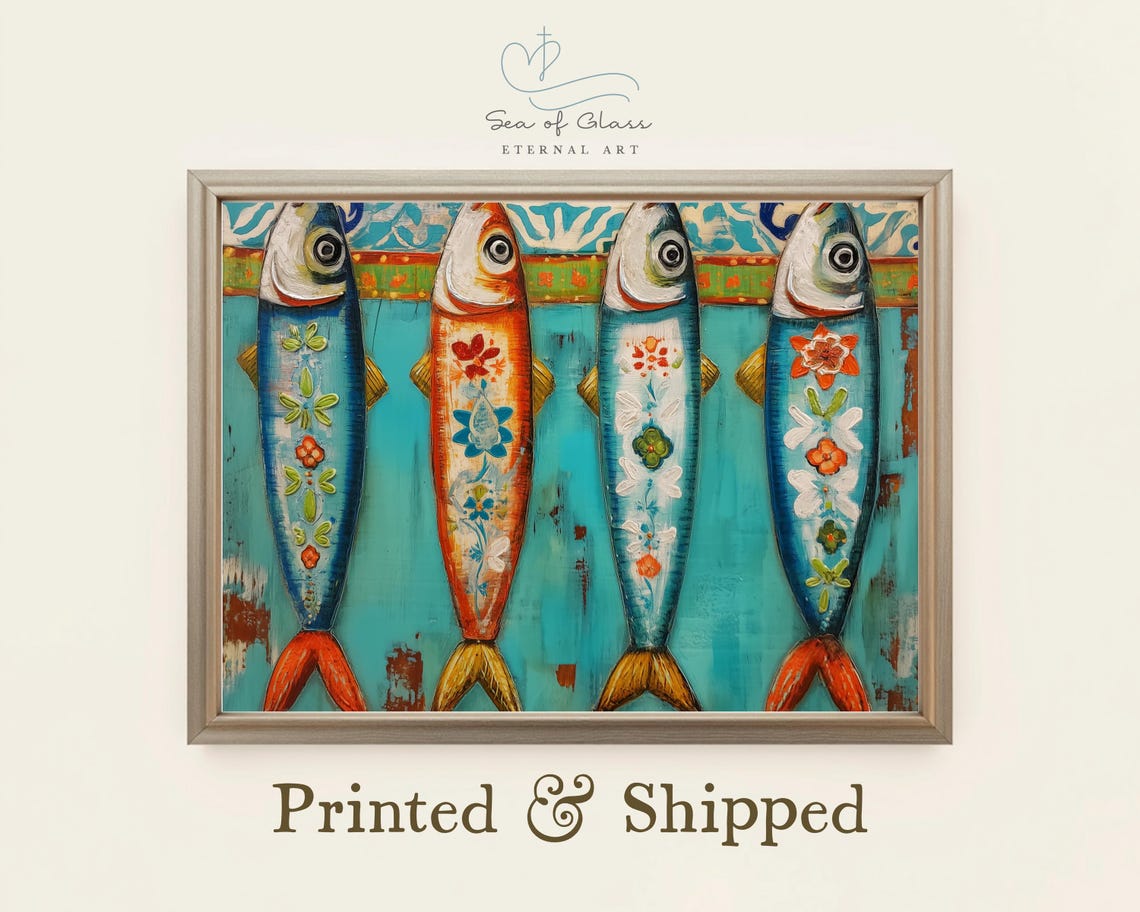Sardines Folk Art Poster Mediterranean Kitchen Decor, Vintage Nautical ...