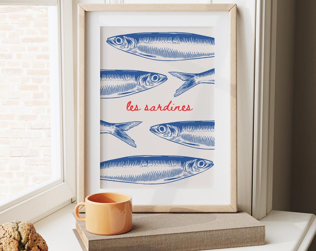 Sardines Kitchen Wall Art - Retro Food Print - Fun Colorful Fish Decor ...