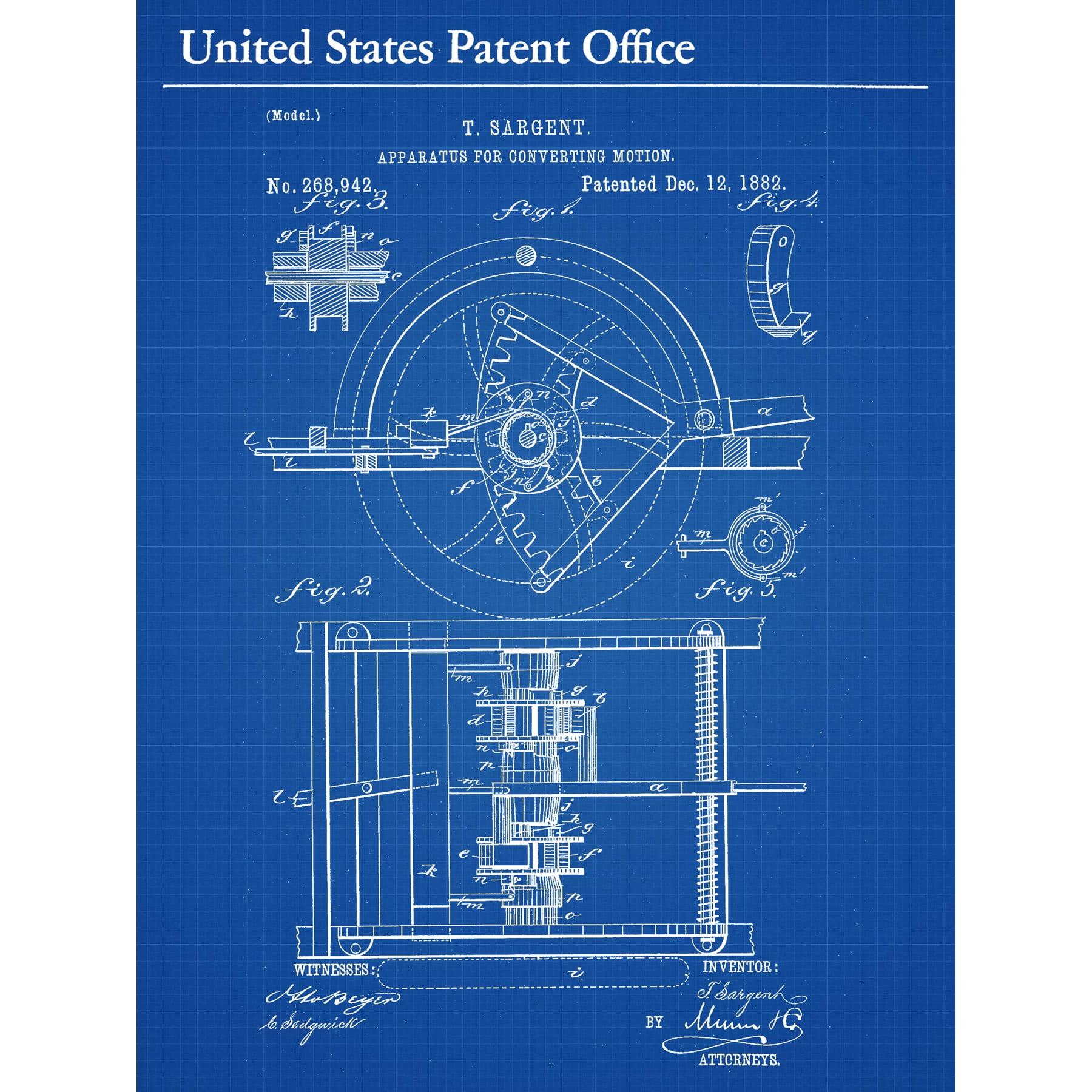 Sargent Converting Motion Apparatus 1882 Patent Extra Large XL Wall Art ...