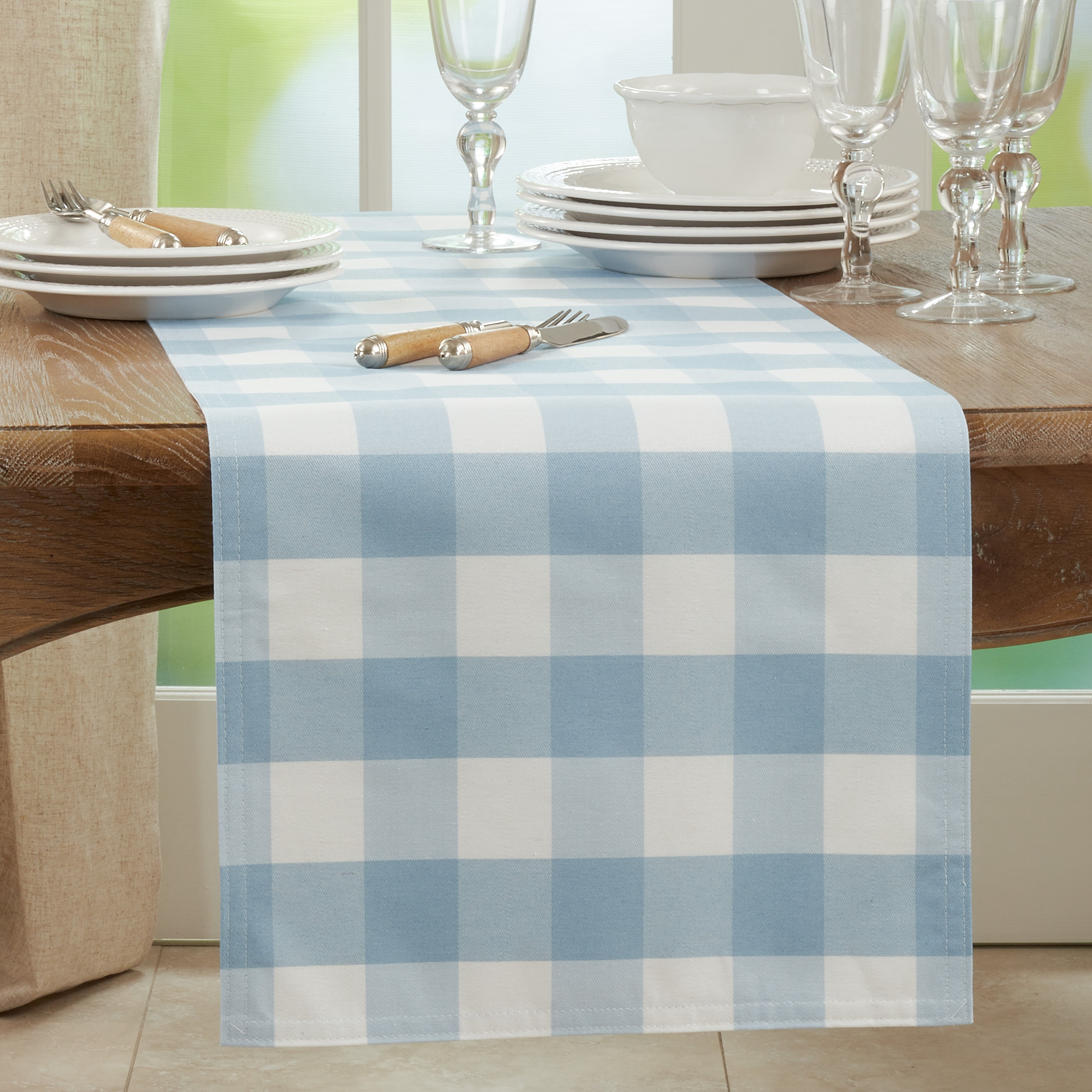 Saro Lifestyle Buffalo Plaid Cotton Blend Table Runner Blue 16"x108 ...