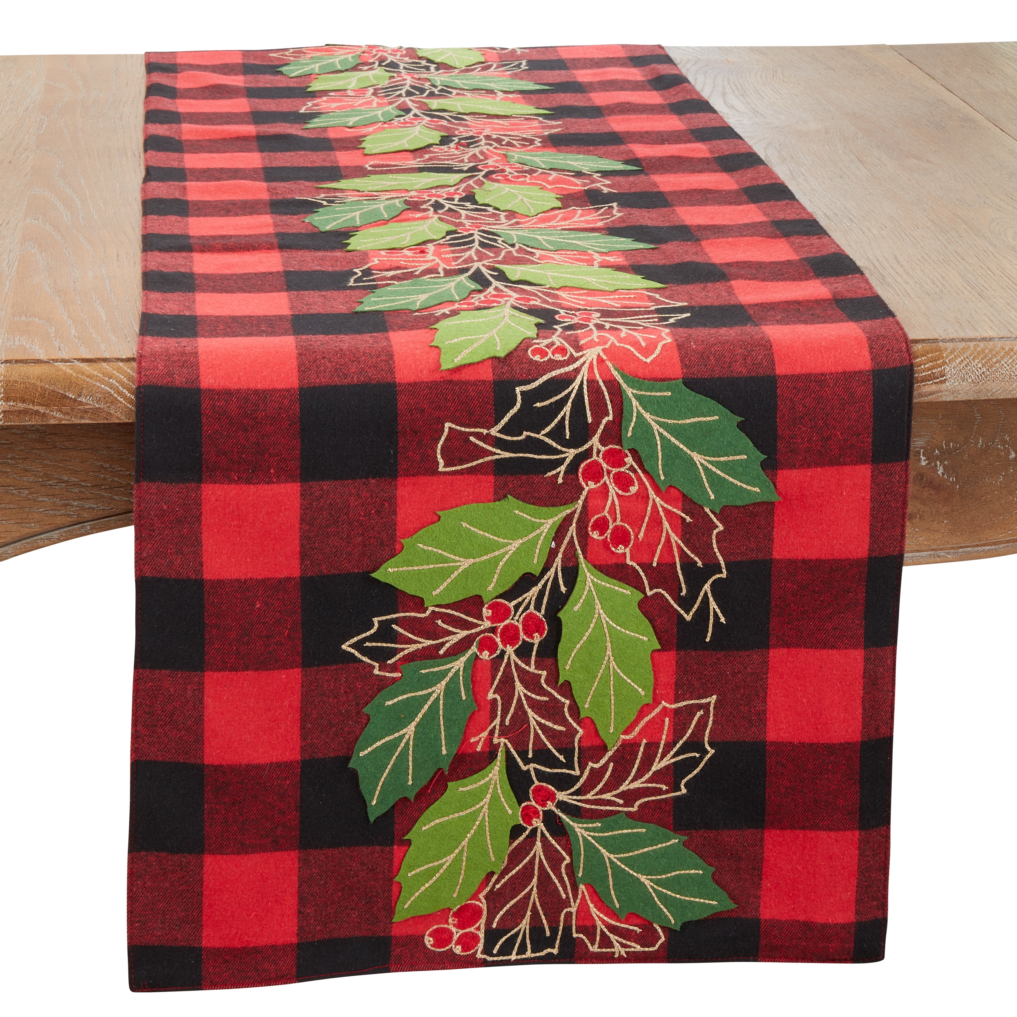 Saro Lifestyle Festive Buffalo Plaid Holly Leaves Table Runner ...