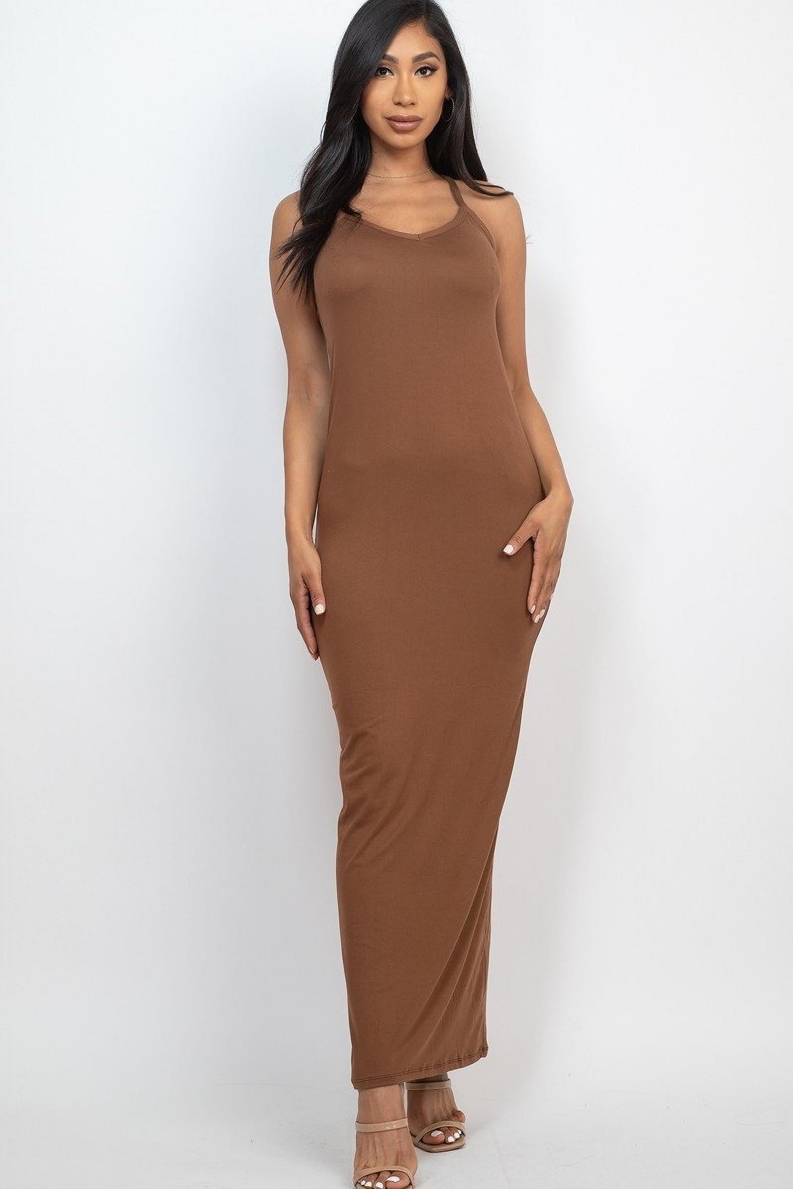 Saronite Basic Bodycon Racer Back Cami Straps Maxi Dress, Downton Brown ...