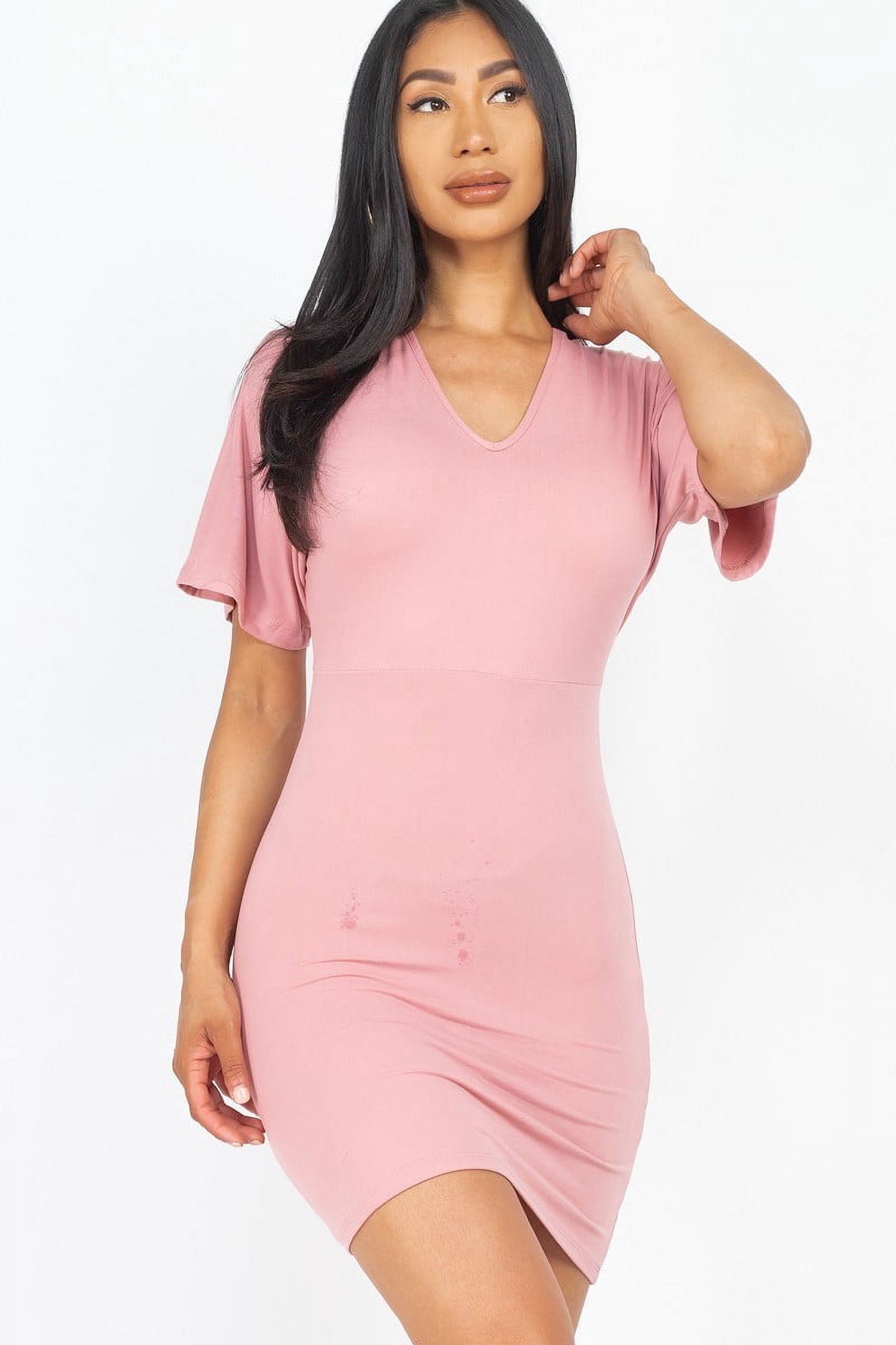 Saronite Basic Bodycon Short Sleeve V Neck Mini Dress, Mauve (Women's ...