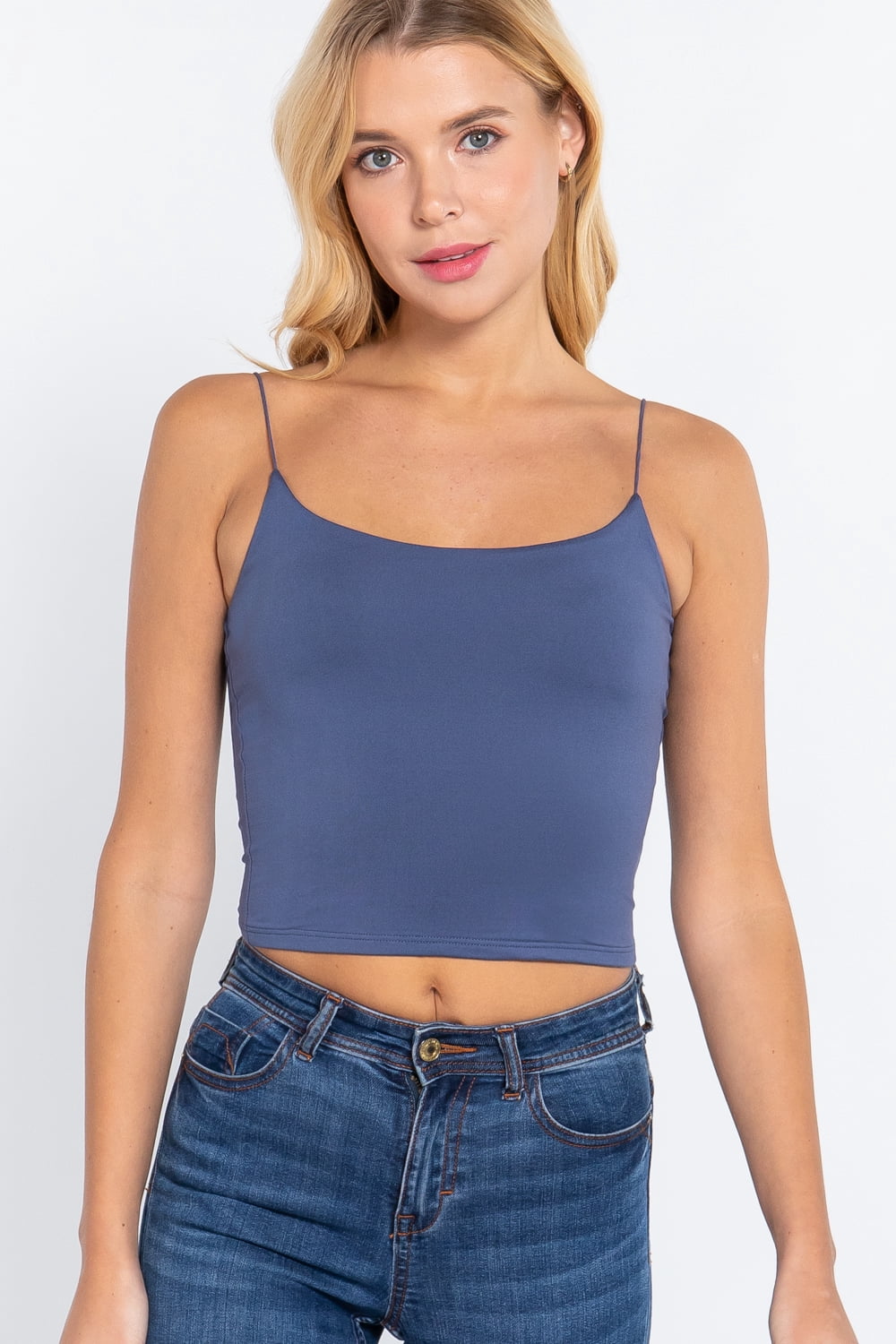 Saronite Basic Brushed Knit Cami Straps Tank Crop Top, Savoy blue ...