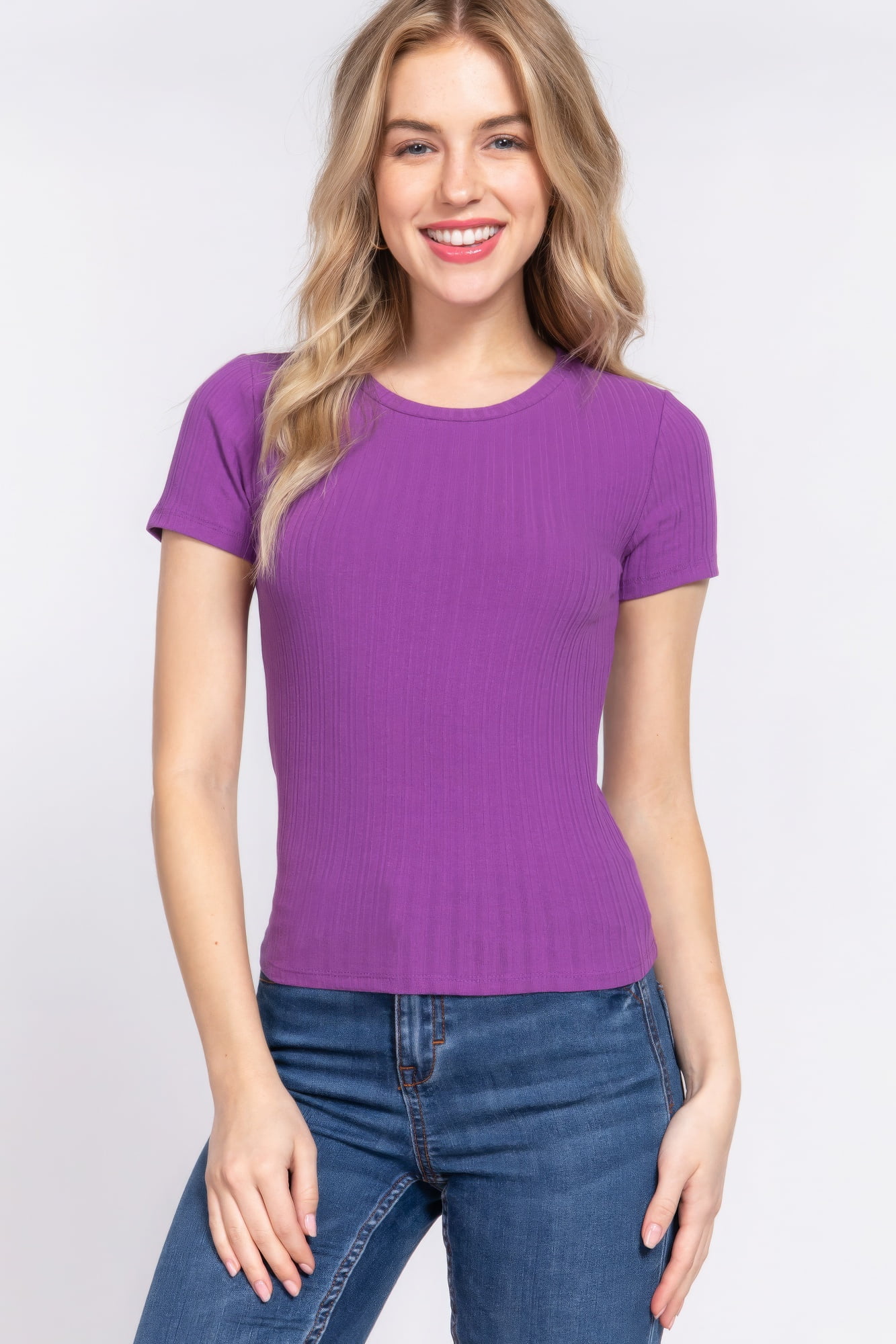 Saronite Basic Cotton Ribbed Knit Crew Neck Short Sleeve Top, Purple ...