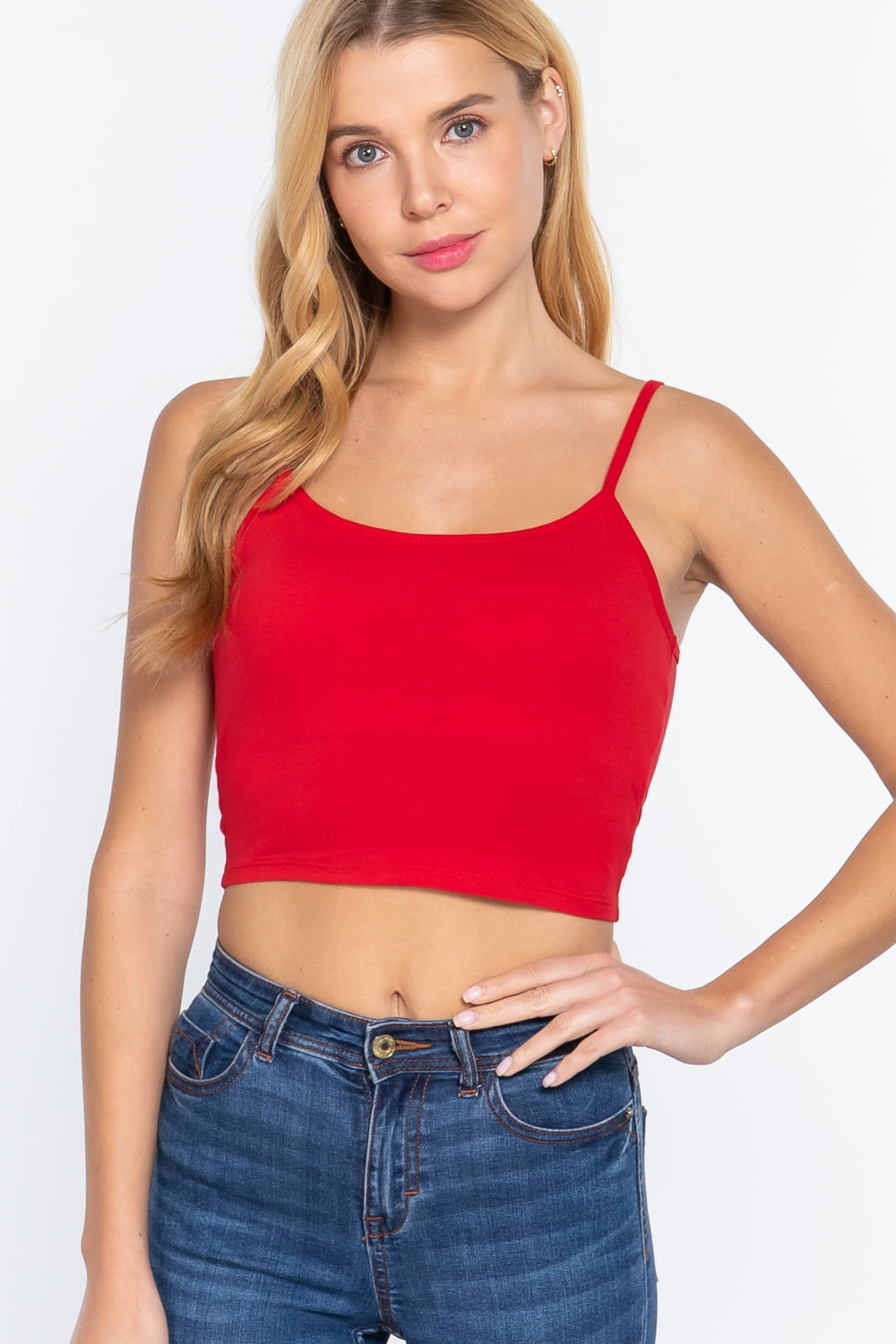 Saronite Basic Cotton Round Neck Removable Bra Cup Cami Straps Crop ...