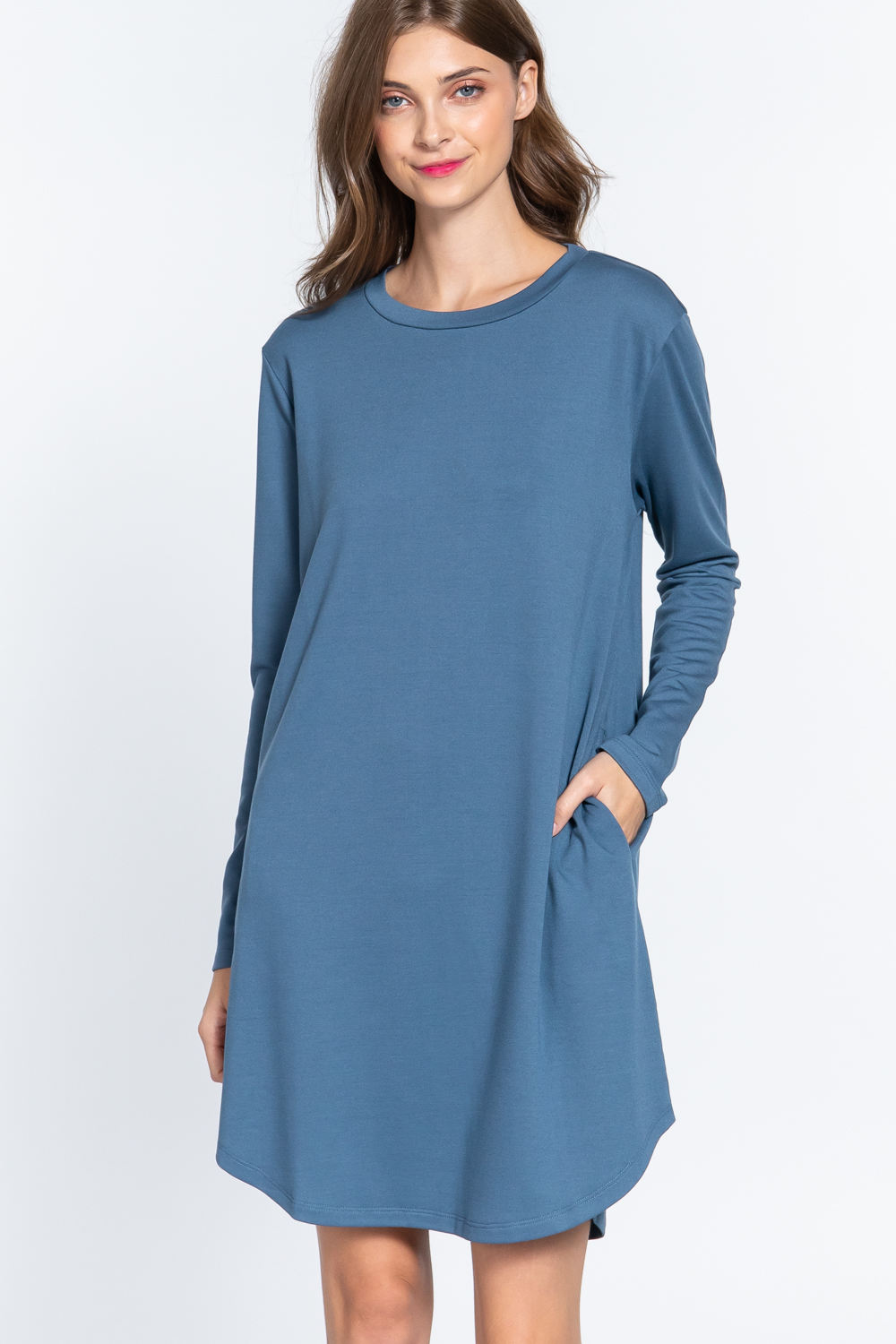 Saronite Basic French Terry Long Sleeve Mini Dress, Vintage Blue (Women ...