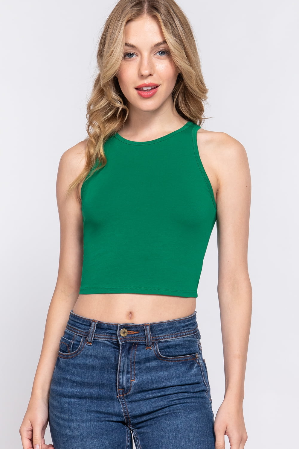 Saronite Basic Halter Neck Cami Strap Tank Crop Top, Deep Green (Women ...