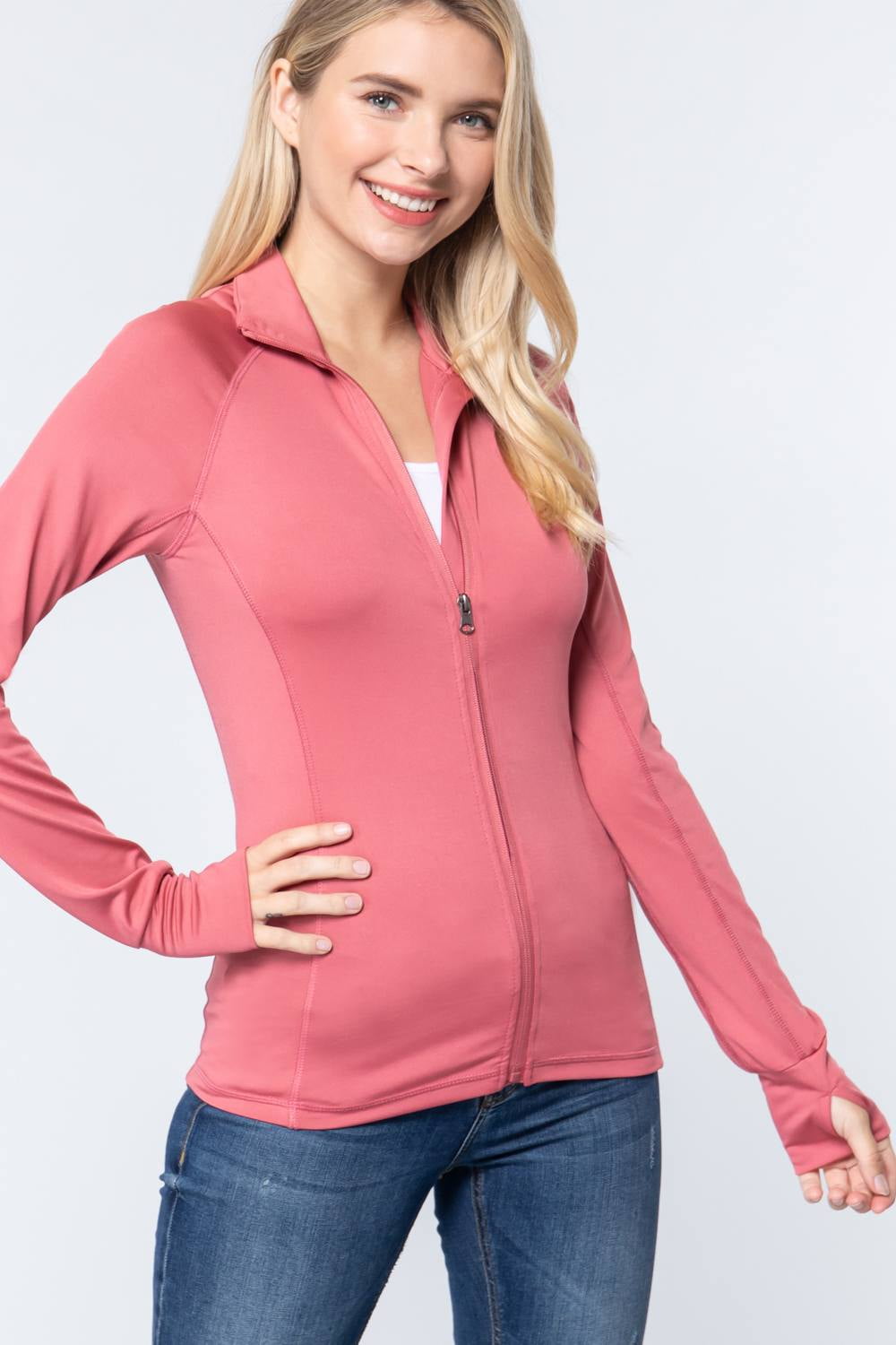 Saronite Basic Long Sleeve Seamless Track Jacket, Pink (Women's ...
