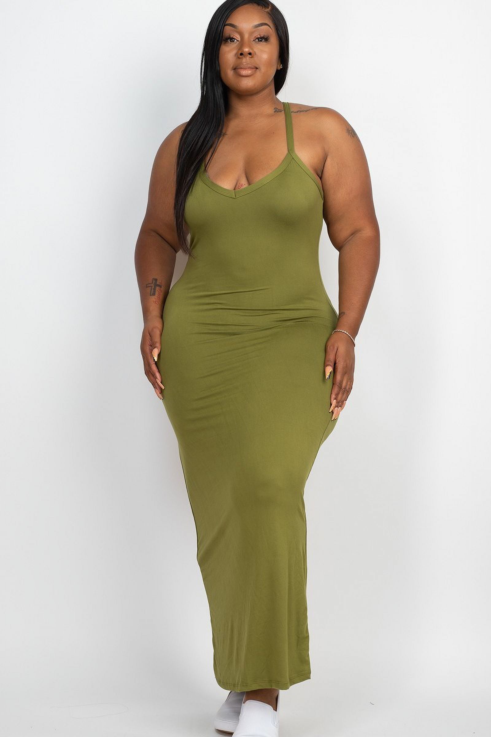 Saronite Basic Racer Back Cami Straps Maxi Dress, Olive Branch (Women's ...