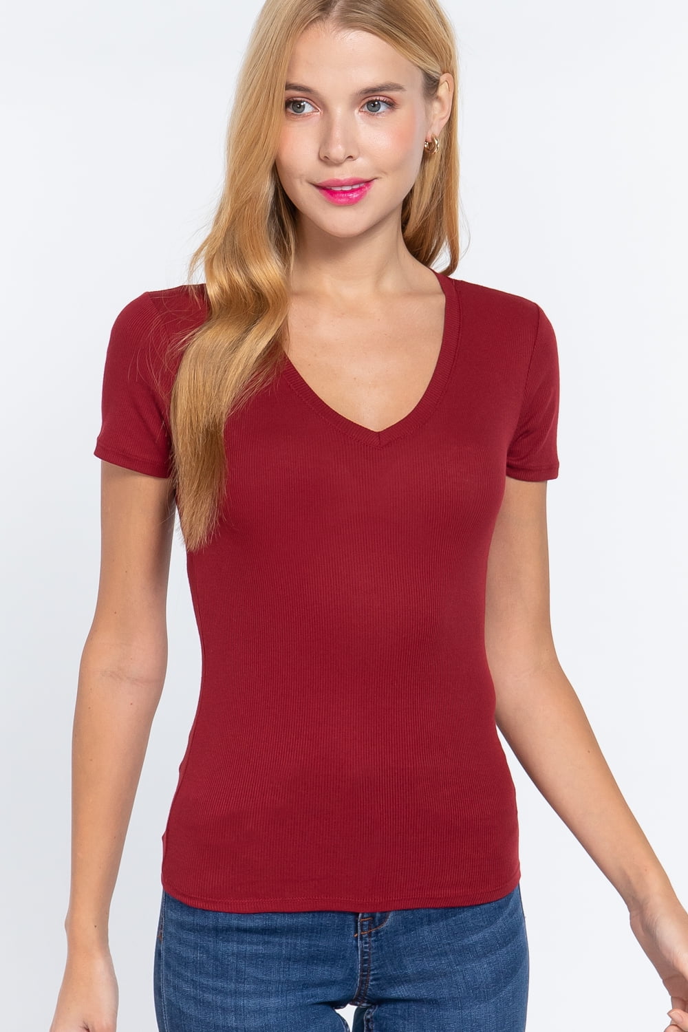 Saronite Basic Ribbed Knit Cotton V Neck Short Sleeve Shirt Top, Wine ...