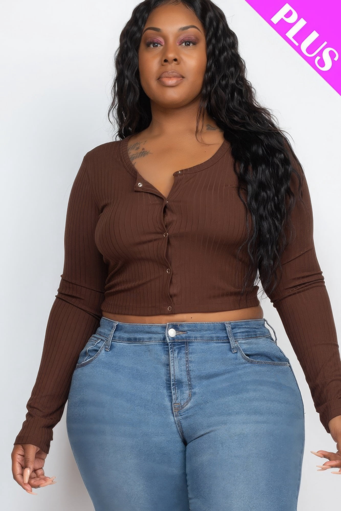 Saronite Basic Ribbed Knit Long Sleeve Front Button Up Crop Top, Coffee ...
