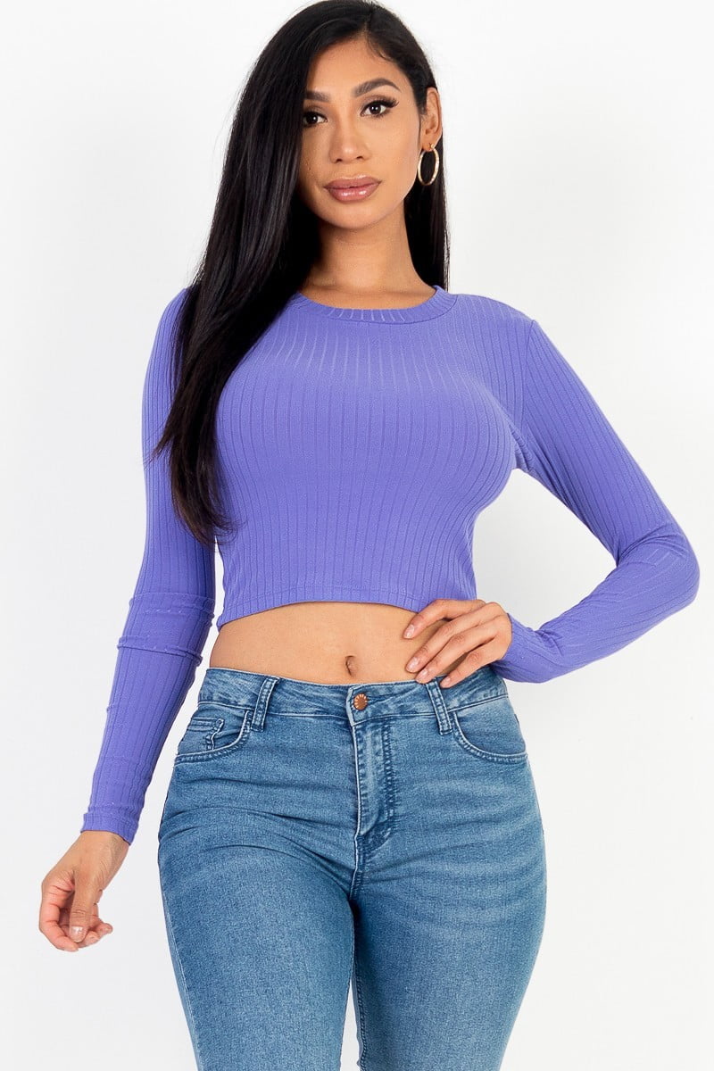 Saronite Basic Ribbed Knit Round Neck Long Sleeve Crop Top, Chive ...