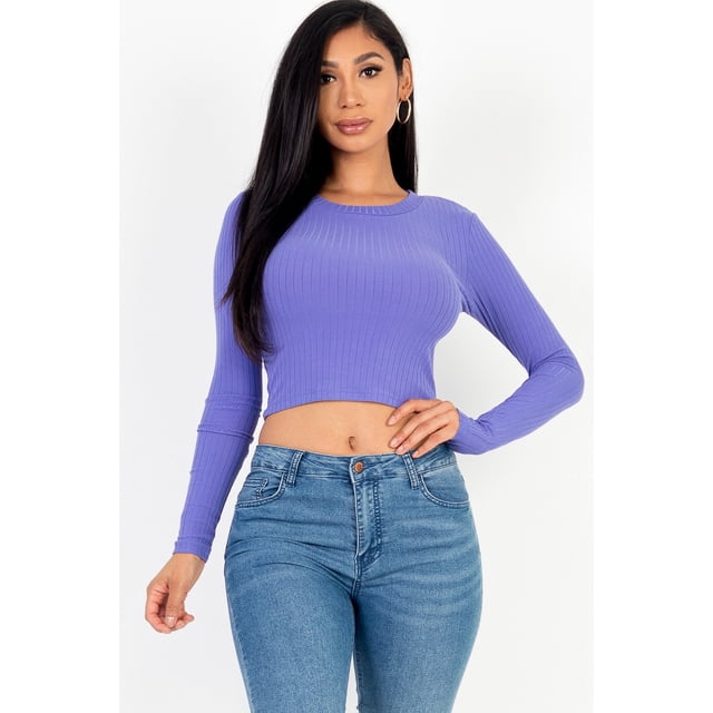 Saronite Basic Ribbed Knit Round Neck Long Sleeve Crop Top, Chive ...