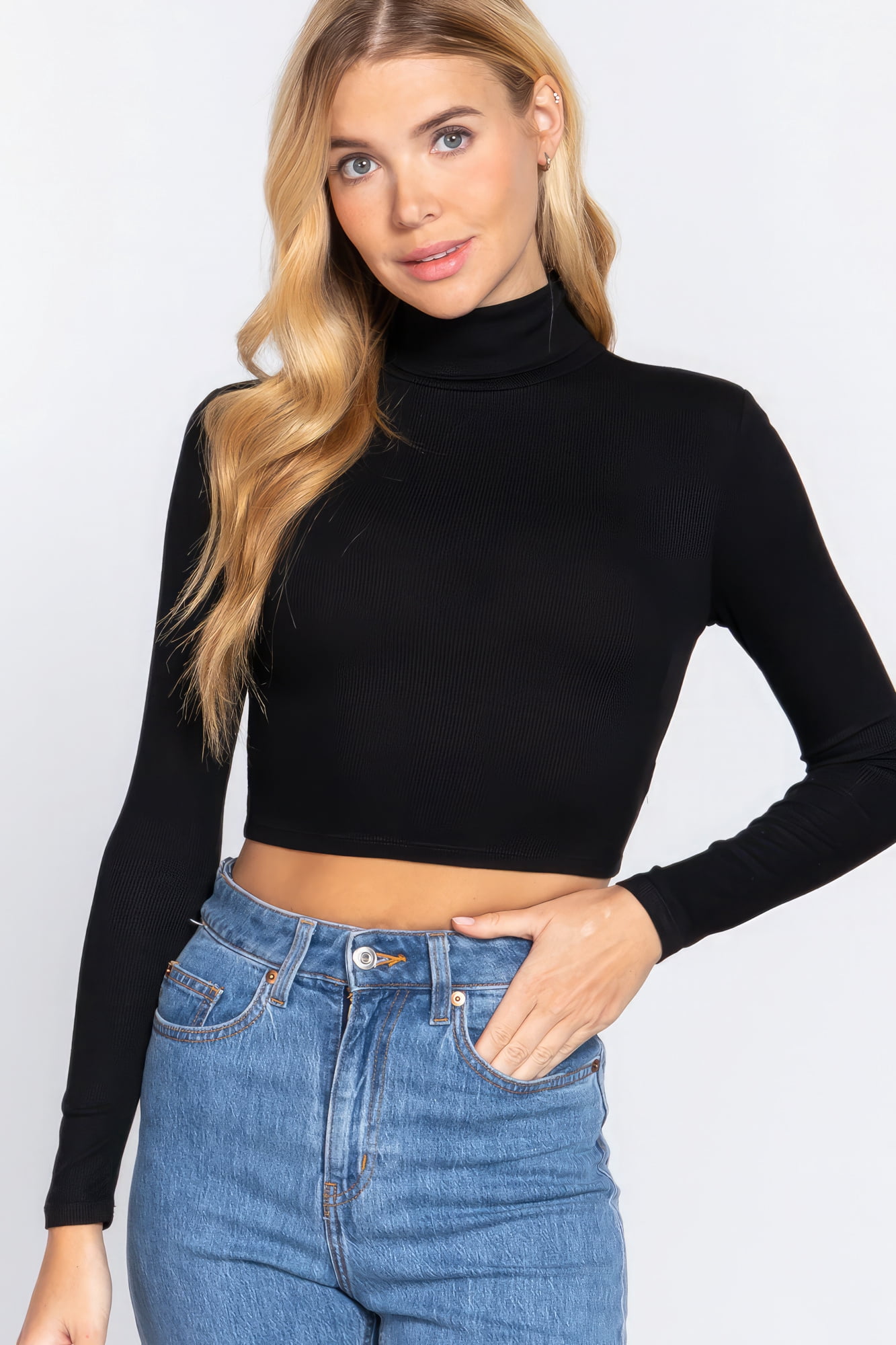 Saronite Basic Ribbed Knit Turtle Neck Long Sleeve Seamless Crop Top ...