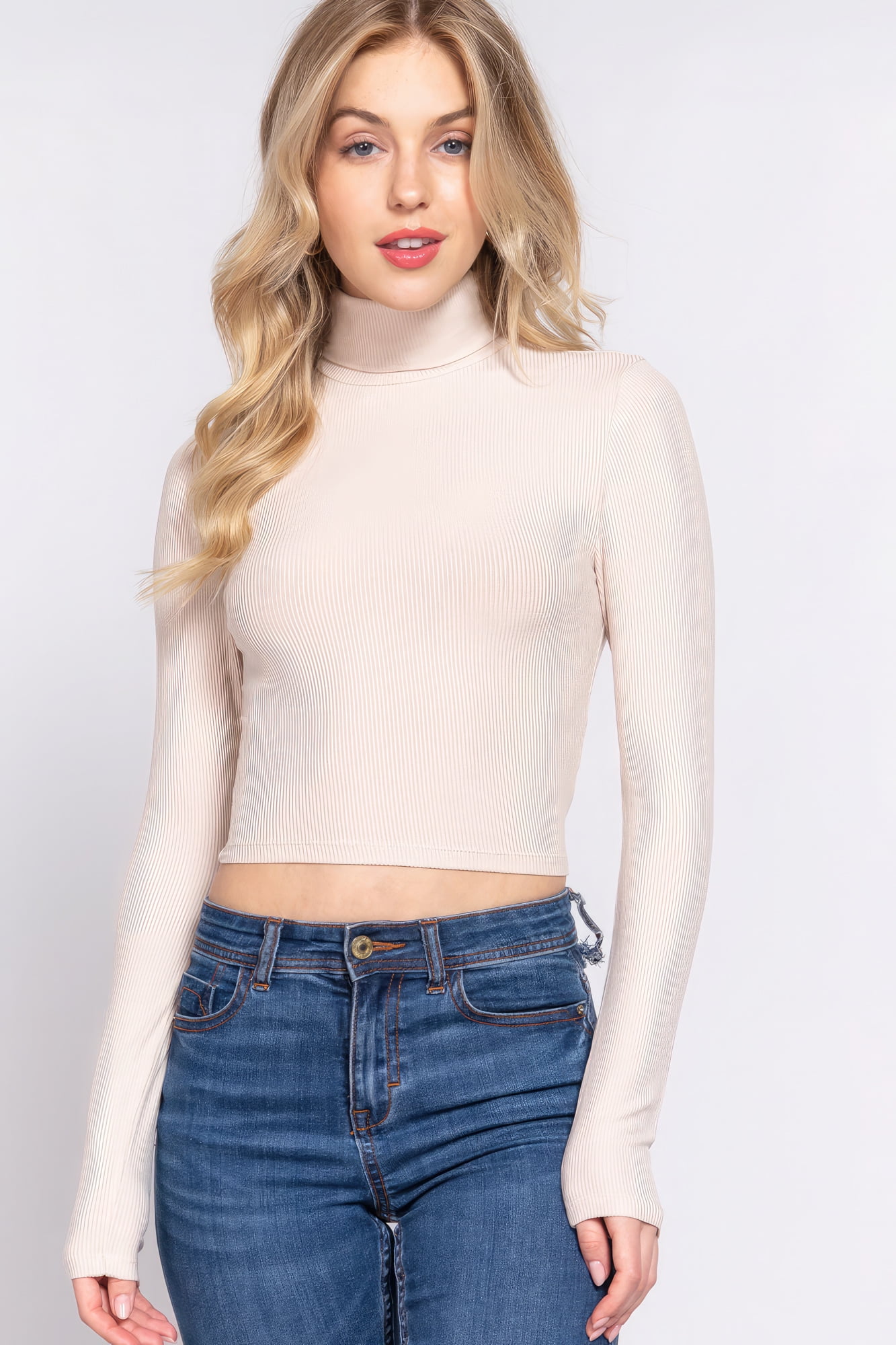 Saronite Basic Ribbed Knit Turtle Neck Long Sleeve Seamless Crop Top ...