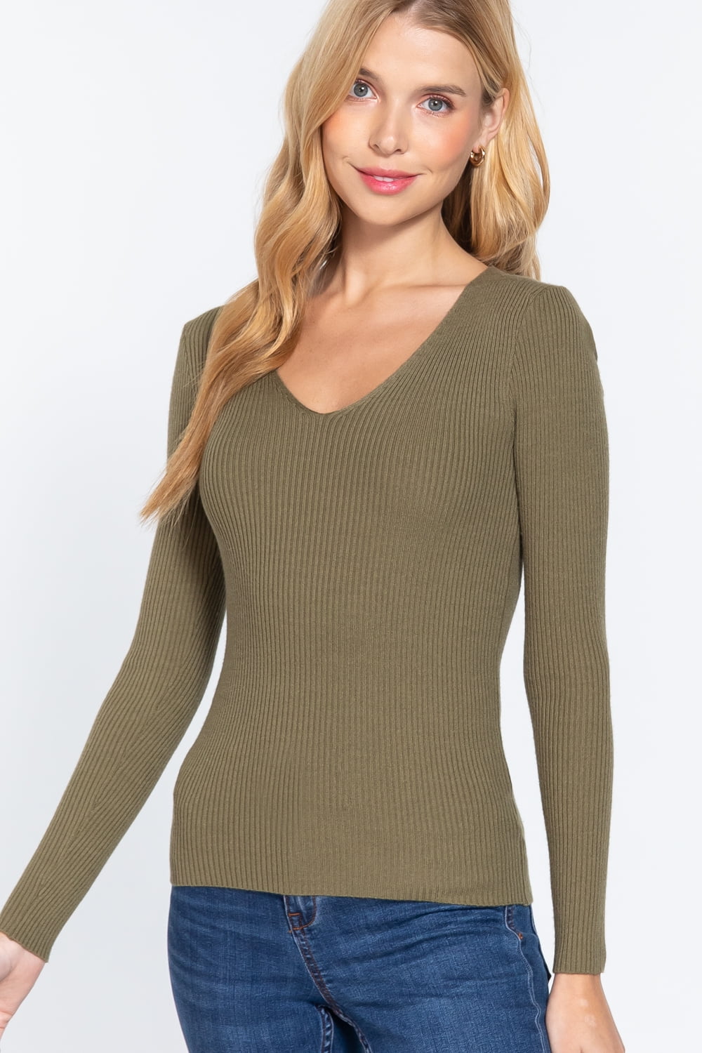 Saronite Basic Ribbed Knit V Neck Long Sleeve Sweater Top, French Olive ...