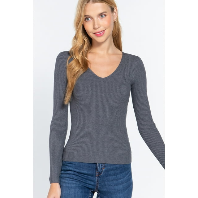 Saronite Basic Ribbed Knit V Neck Long Sleeve Sweater Top, Heather Charcoal (Women's) - Walmart.com