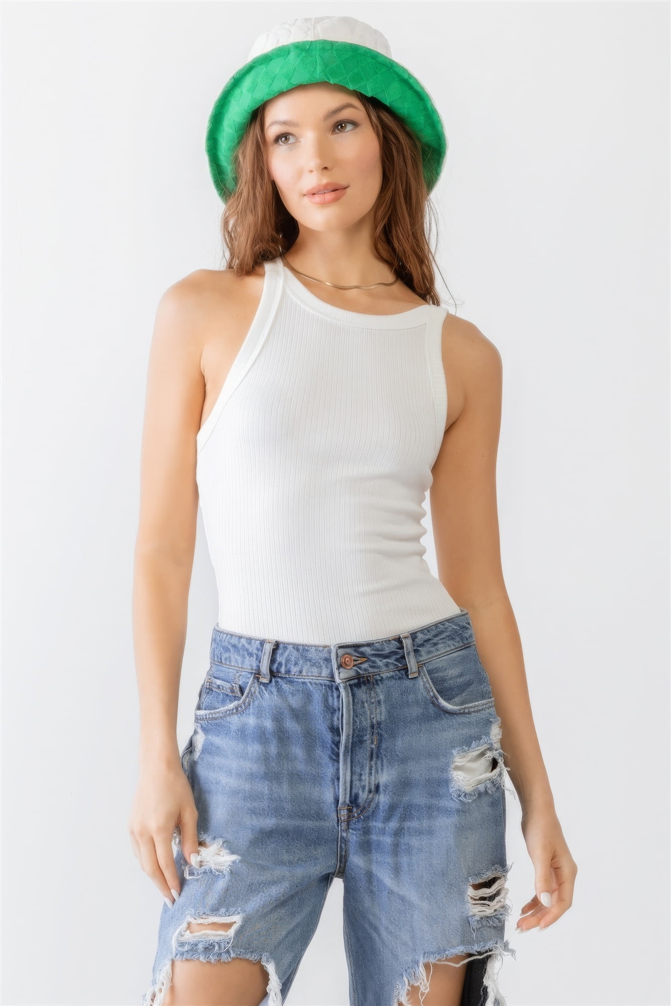 Saronite Basic Ribbed Knit V Strap Back Cami Tank Bodysuit, Off White ...