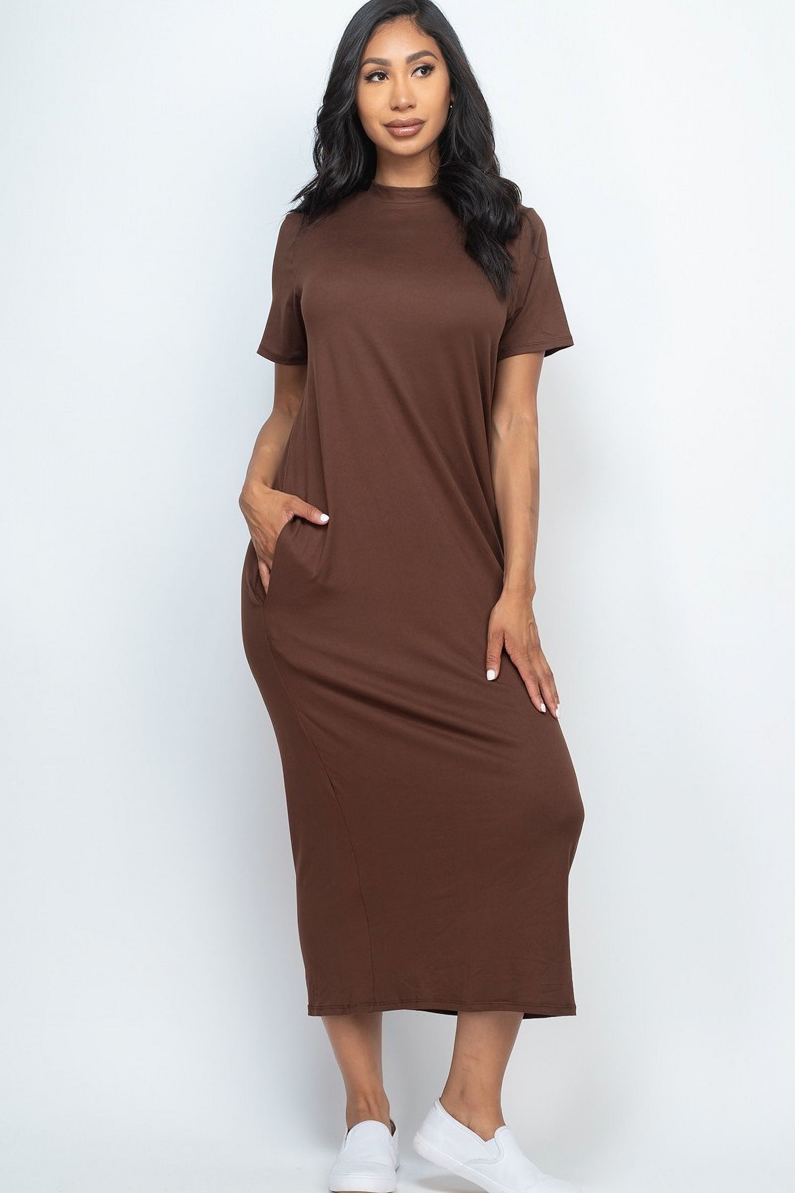 Saronite Basic Short Sleeve Tee Maxi Dress, Coffee (Women's) - Walmart.com