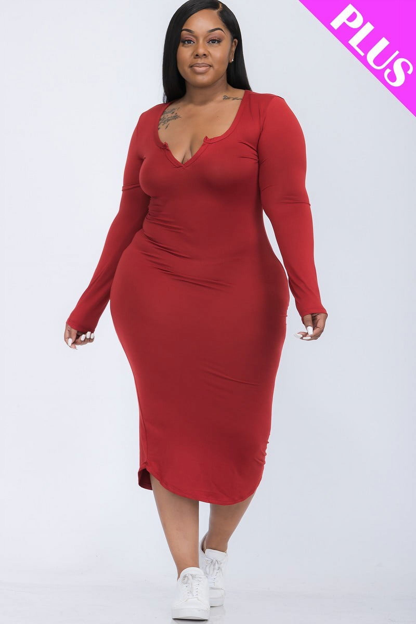 Saronite Basic Split Neck Long Sleeve Midi Dress, Winery (Women's Plus ...