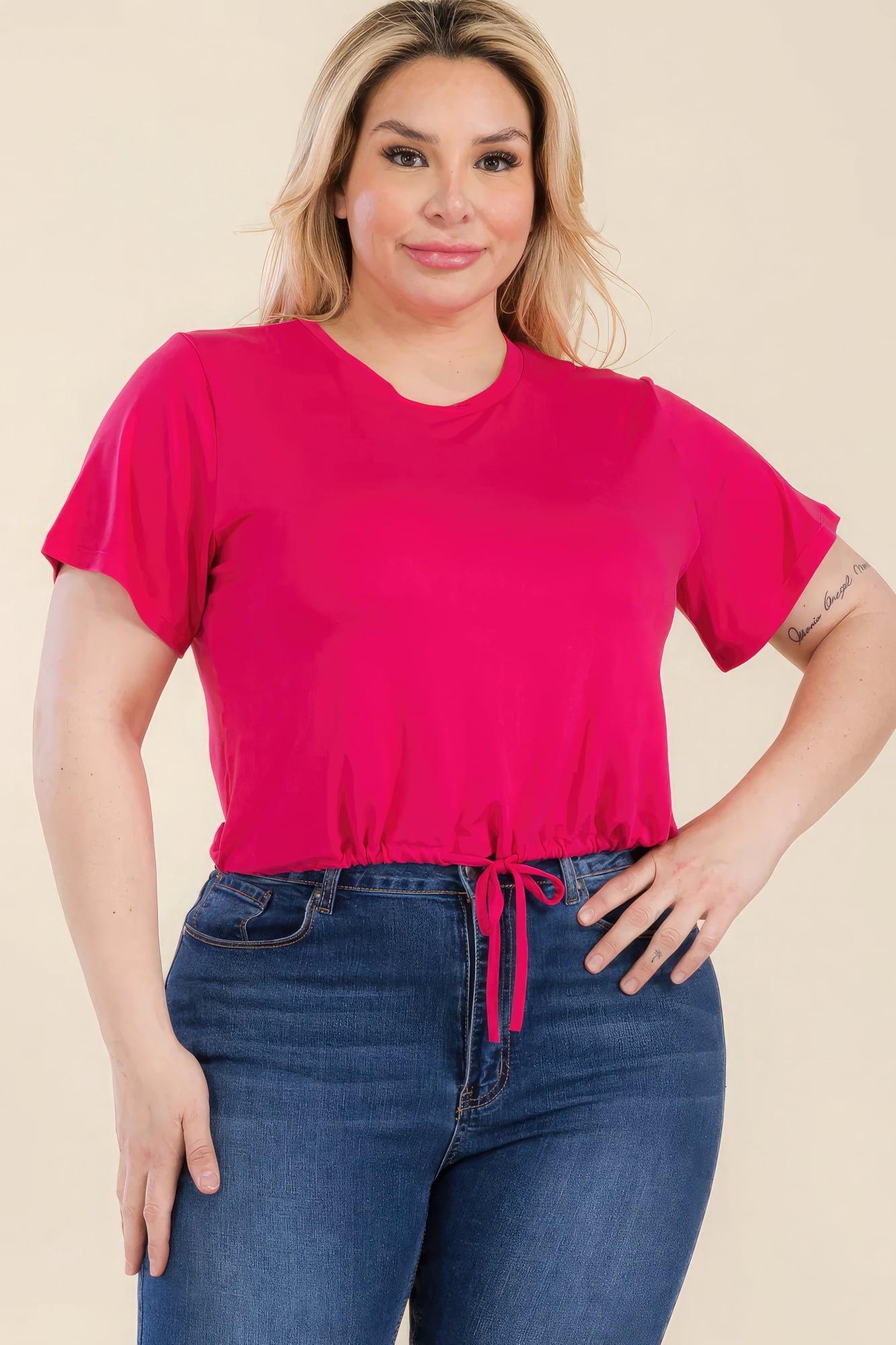 Saronite Basic Tie Front Short Sleeve Crop Top, Fuchsia (Women's Plus ...
