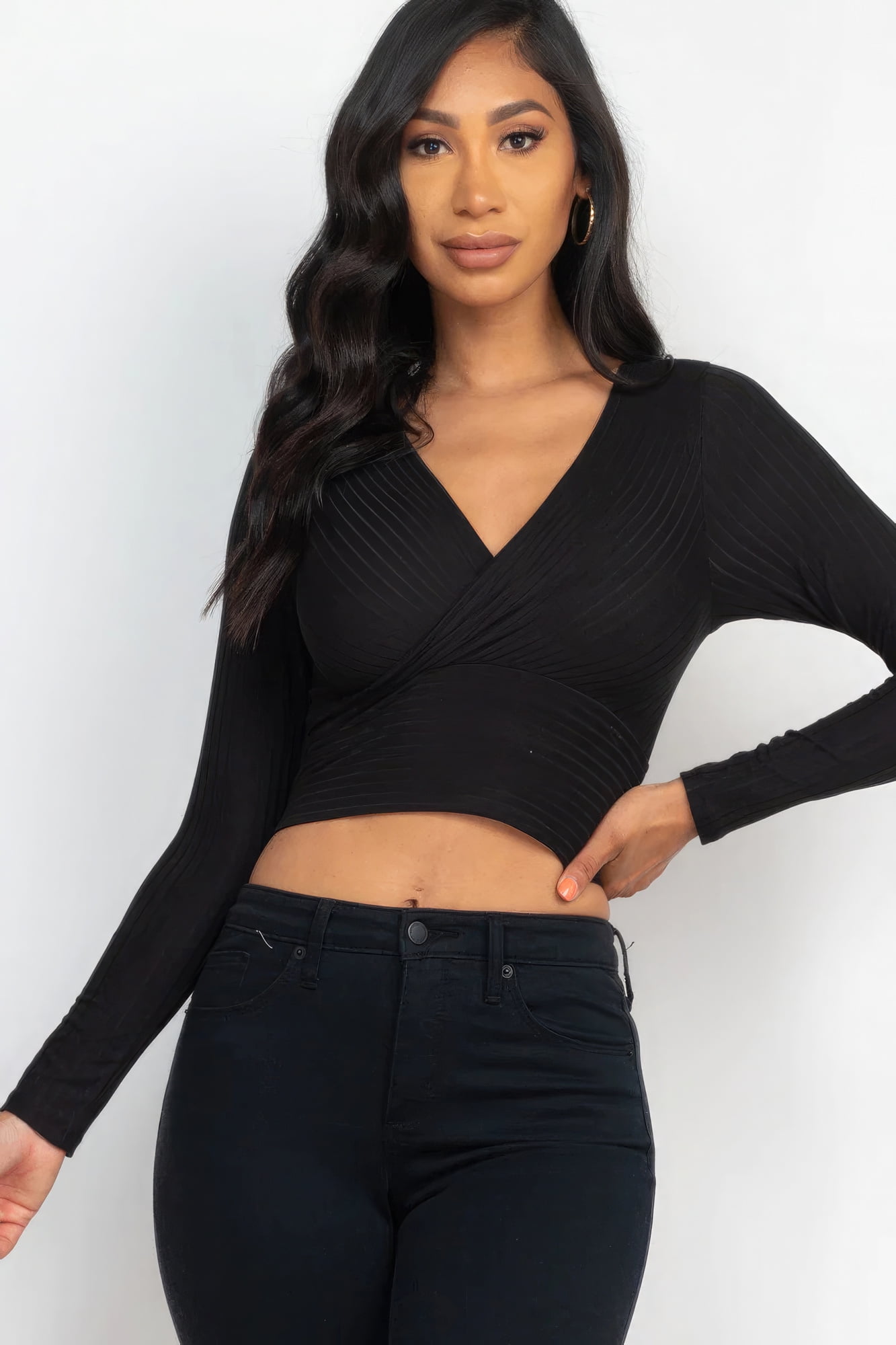 Saronite Basics Ribbed Knit Wrap Front V Neck Long Sleeve Crop Top ...