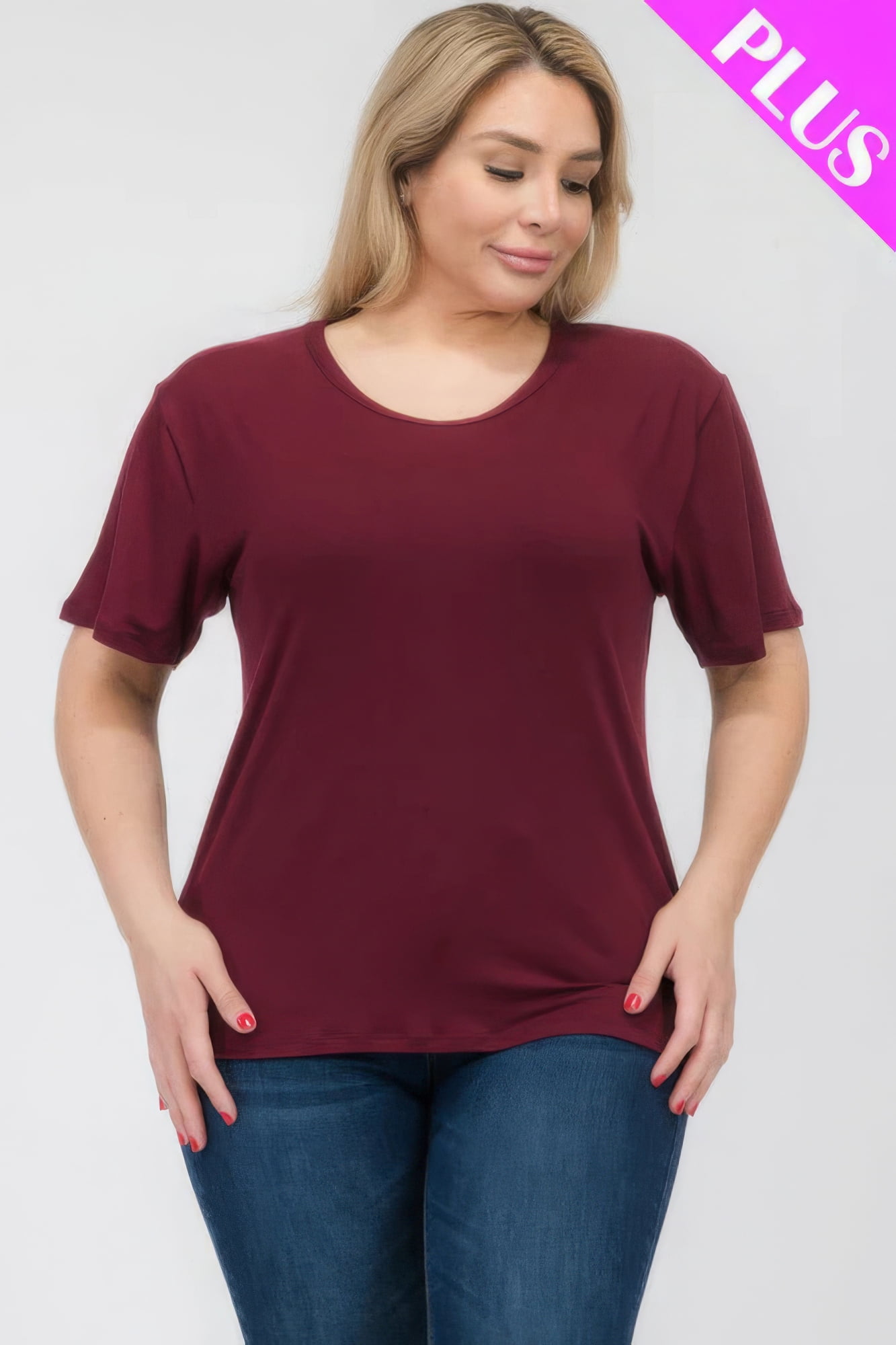Saronite Basics Short Sleeve Round Neck Soft Classic T-shirt Top, Burgundy (Women's Plus ...
