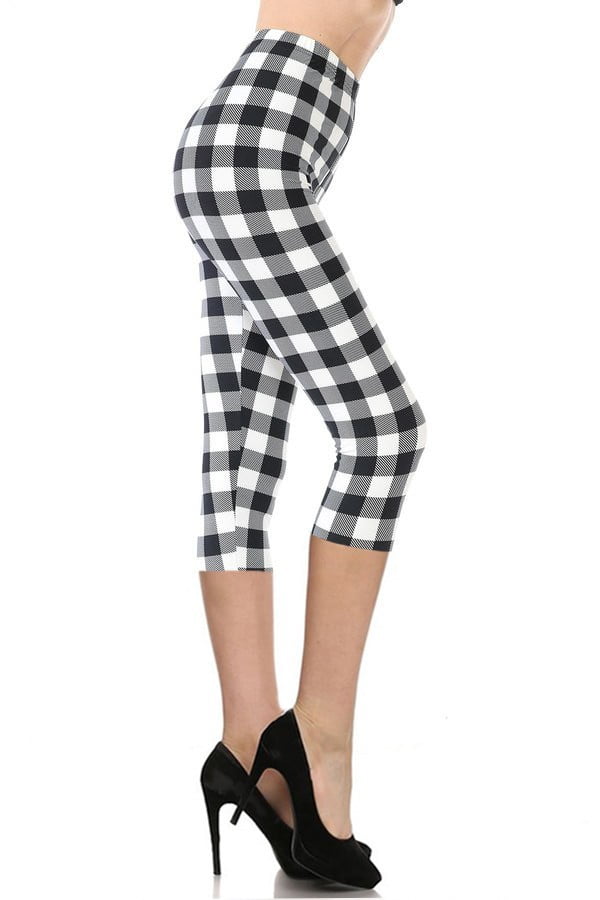 Saronite Black White Plaid Printed High Waisted Cropped Capri Leggings ...