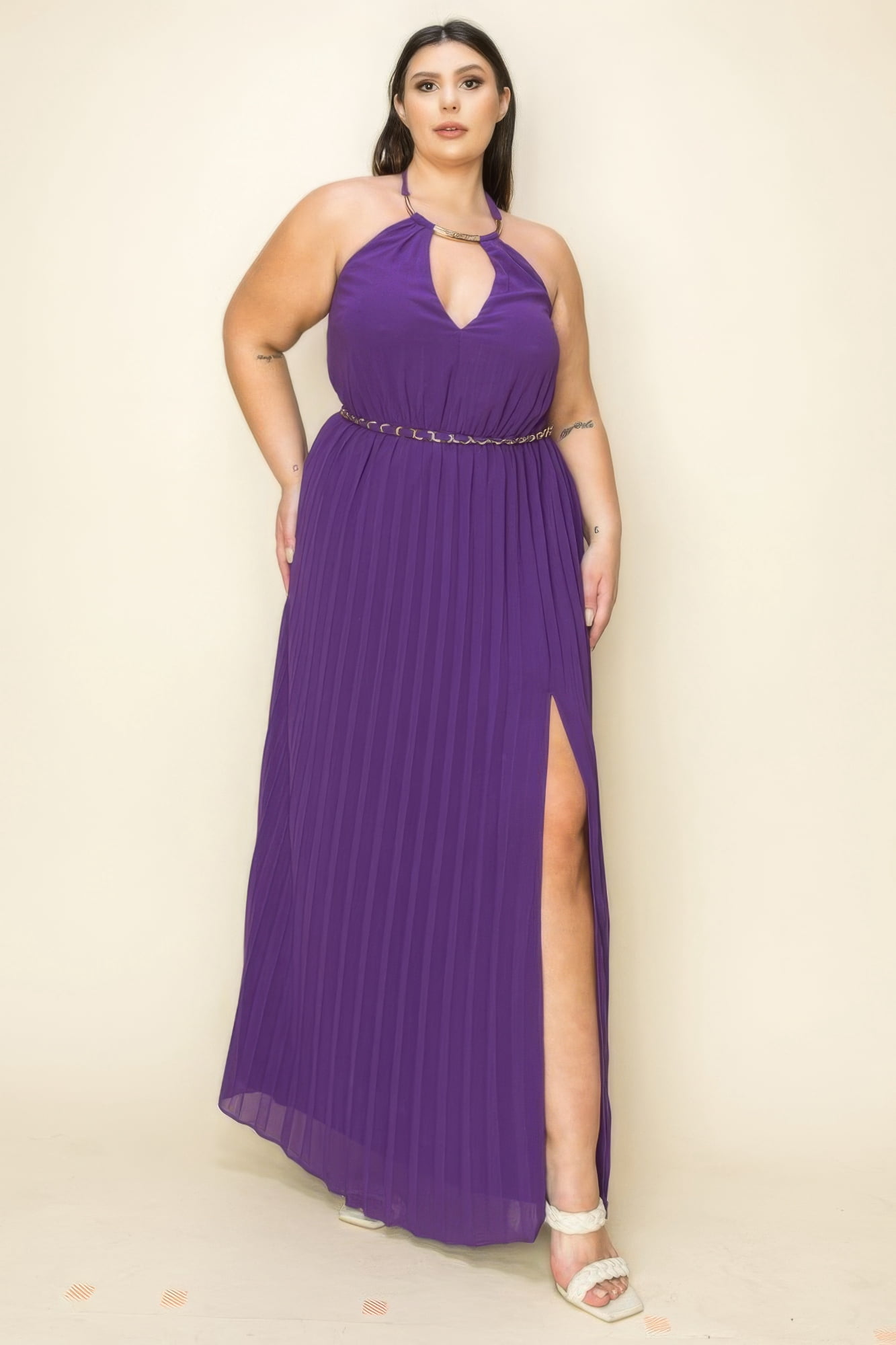 Saronite Chiffon Pleated Gold Trim Neck & Belt Cut Out Chest Maxi Dress ...