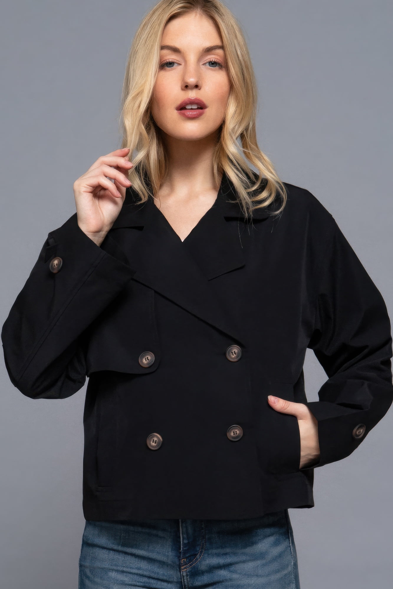 Saronite Double Breasted Button Front Short Trench Long Sleeve ...