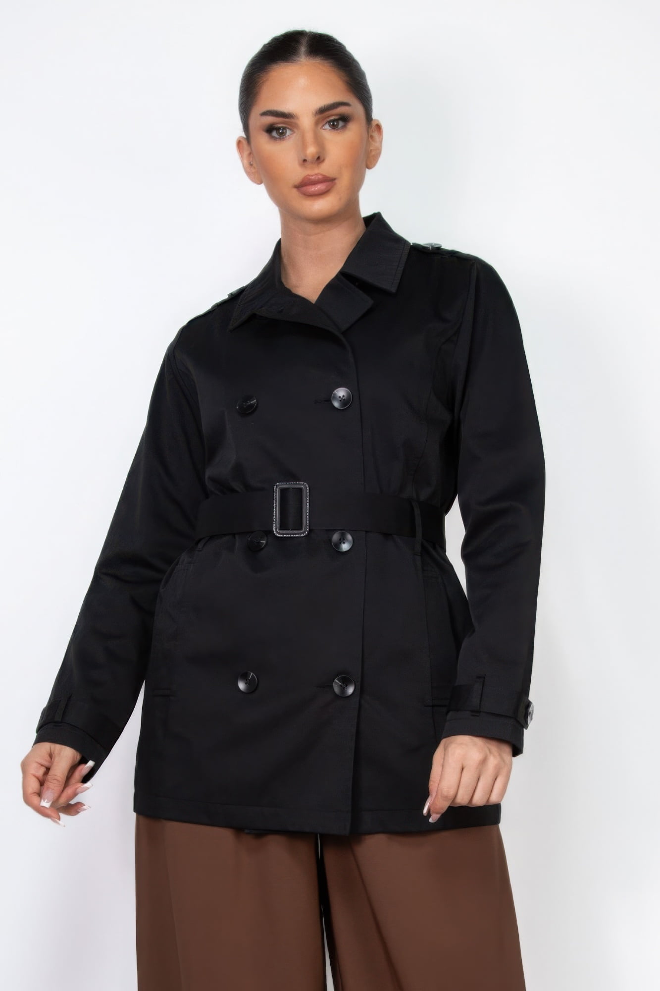 Saronite Double-breasted Notch Belted Cotton Long Sleeve Coat, Black ...