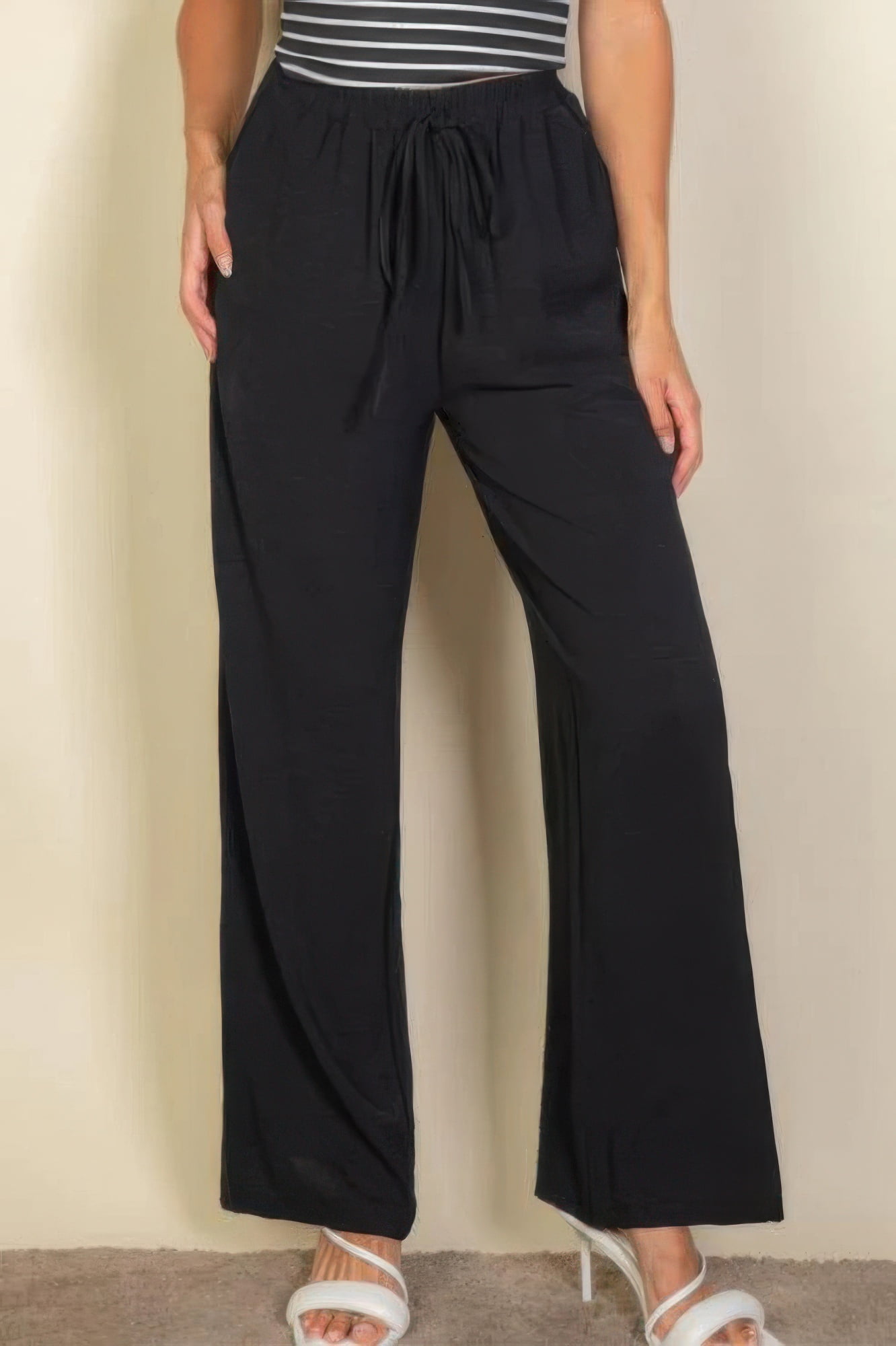 Saronite Drawstring Waist Wide Leg Minimalist Pants, Black (Women's ...