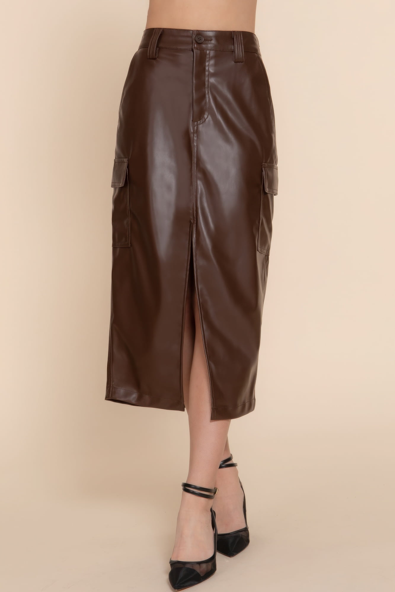 Saronite Solid Faux Leather Sides Pockets Midi Cargo Skirt, Brown ...