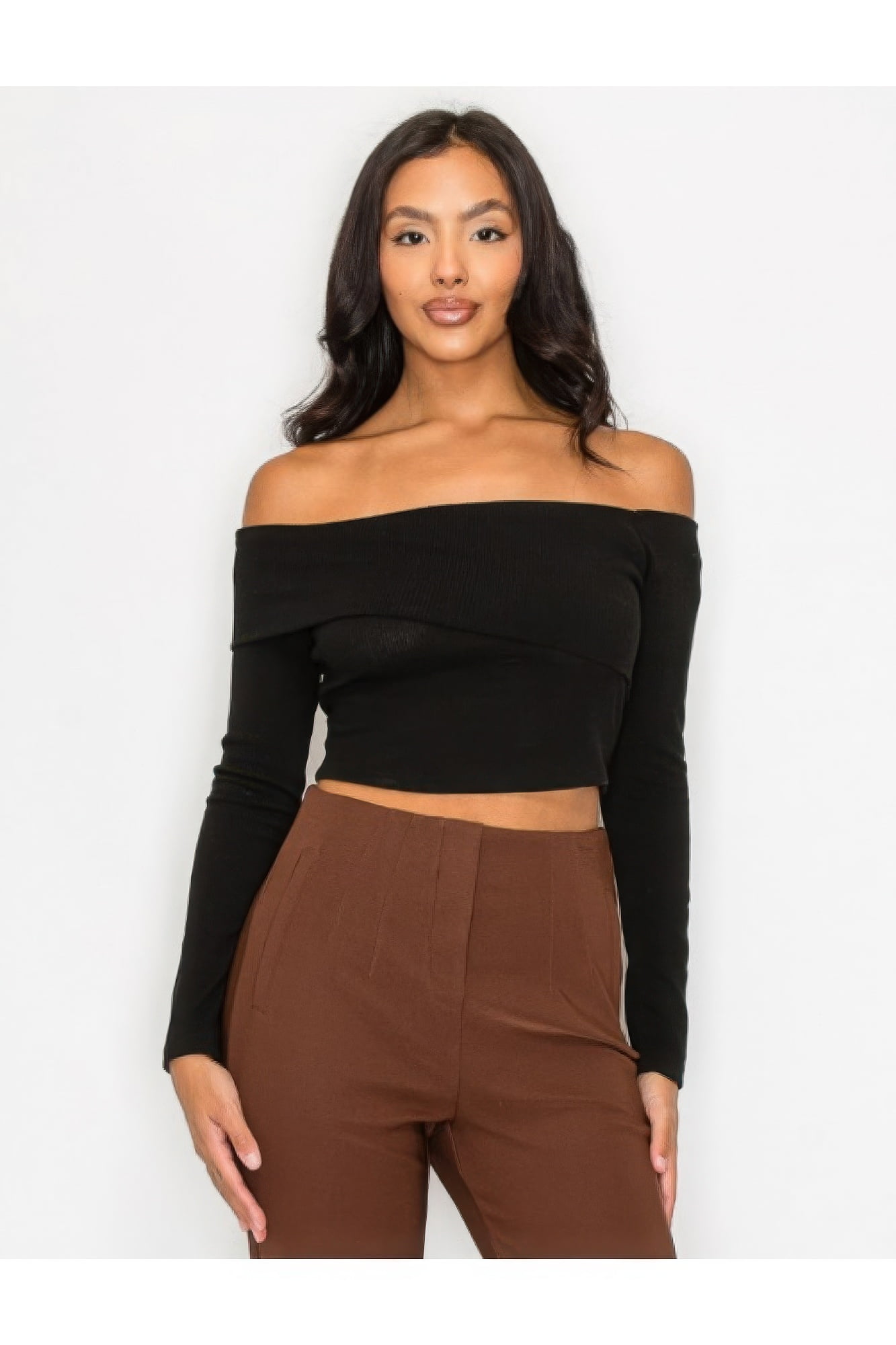 Saronite Solid Off-Shoulder Neck Bardot Ribbed Knit Long Sleeve Crop ...