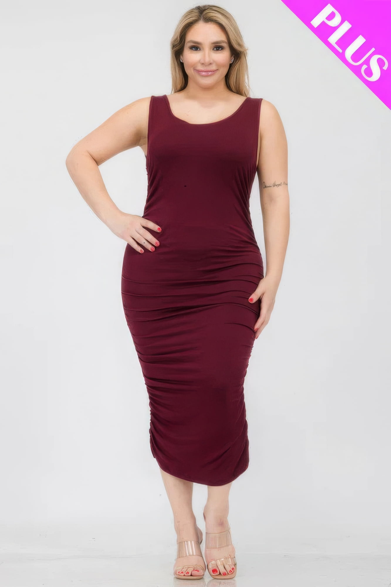 Saronite Solid Square Neck Ruched Stretchy Sleeveless Bodycon Midi ...