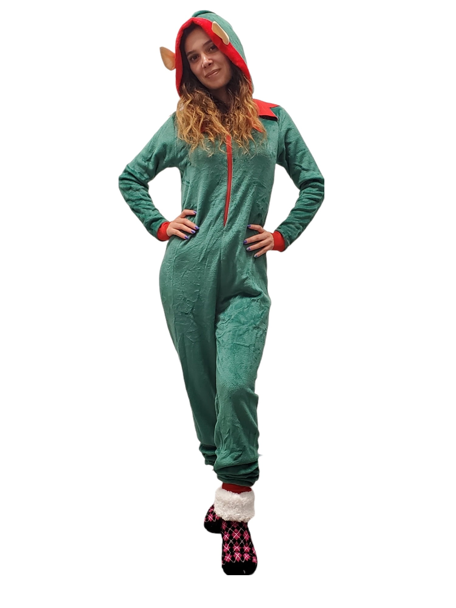 Sasha Elf Hoodie Fleece Onesie Pajamas for Women, Christmas Green Suit ...