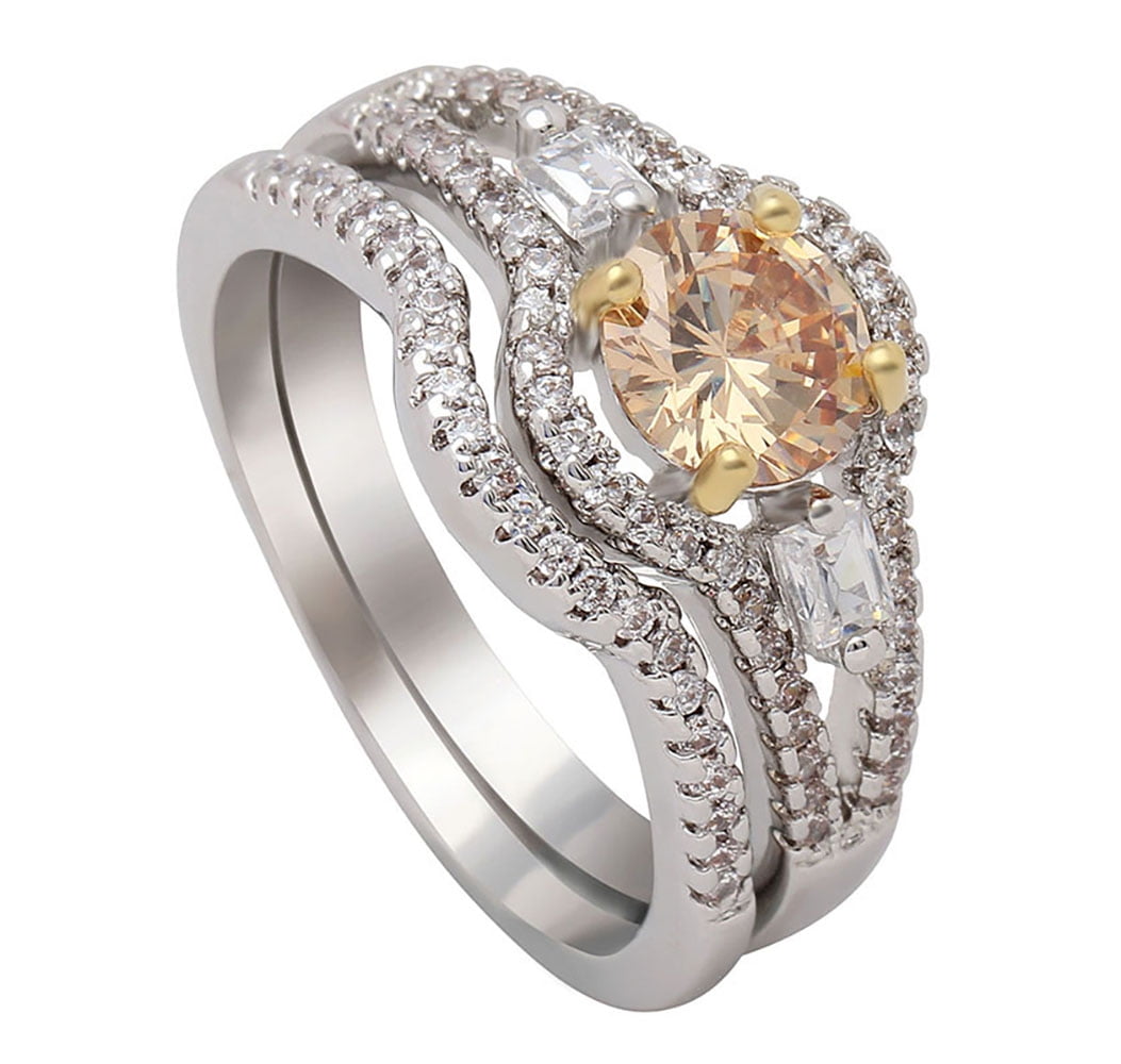 Sasha Wedding Ring Set for Women Champagne Cz Engagement Matching Band Ginger Lyne Collection ...
