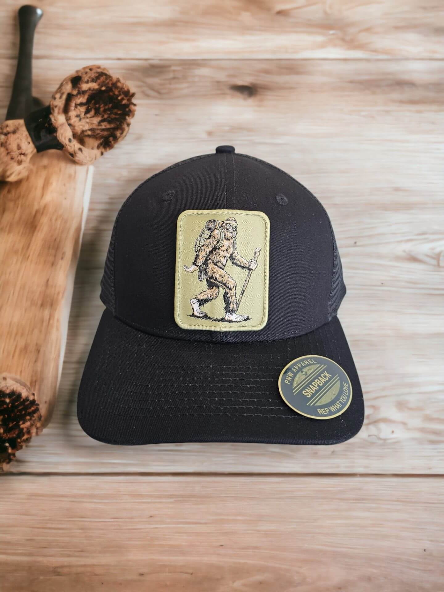 Sasquatch Snapback Trucker Hat for Hiking and Gifts - Black on Black ...