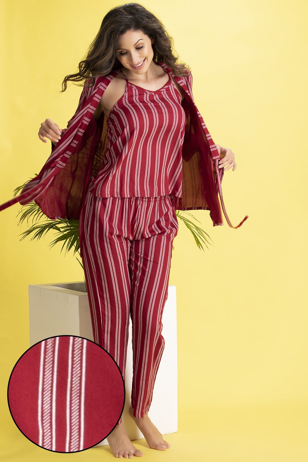 Clovia Women'S Rayon Stripes Printed Cami Top & Robe Pyjama Set ...