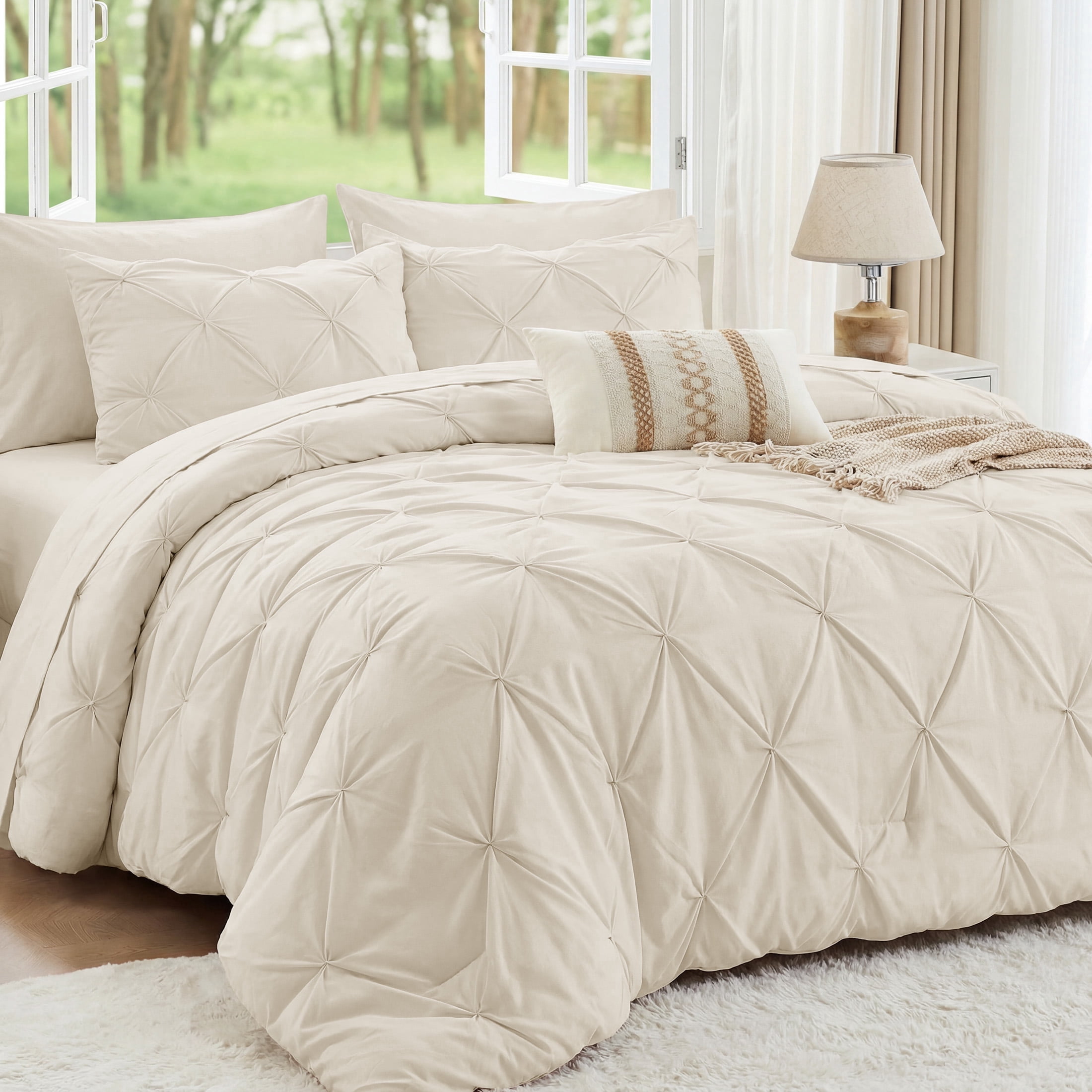 Sasttie Queen Size Comforter Set, 7-Piece Bed in a Bag, Pintuck Bedding ...