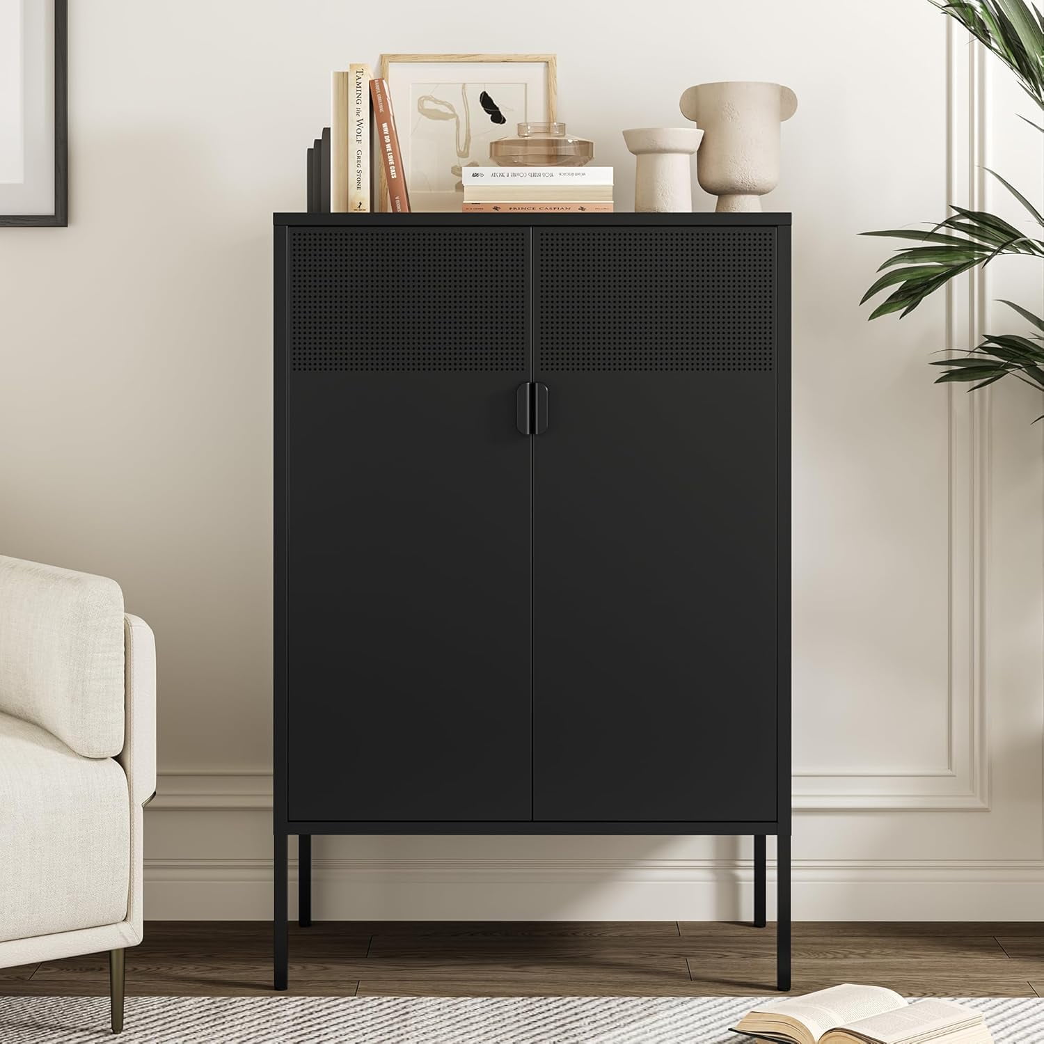Sasyxdc Black Metal Storage Cabinet with Doors and 4 Adjustable Shelves ...